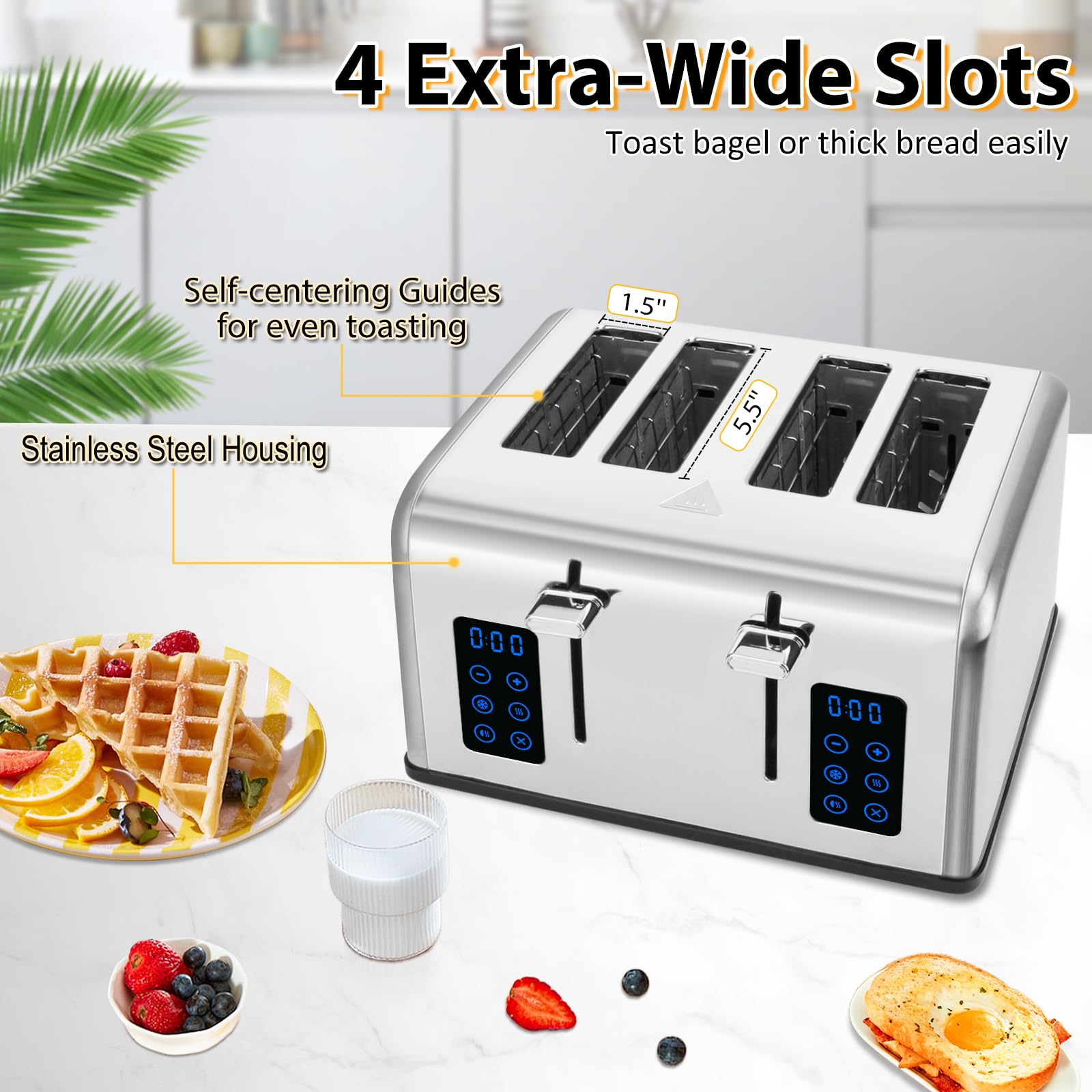 Toaster 4 Slice Touch Screen, 4 Slice Toaster with Extra-Wide Slots, Dual Independent Toasting Panels & Cancel/Defrost/Reheat/Bagel Functions, Removable Tray & 6 Browning Levels, 1650W