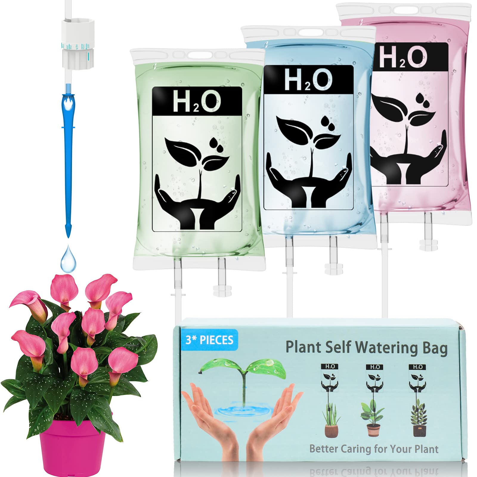 Plant Self Watering Spike with Water Storage Bag, Automatic Plant Watering Devices, Plant Self Waterer System with Adjust Valve Water Volume, Plant Drip Watering Non-Stop for Home/Holiday-3 Pack