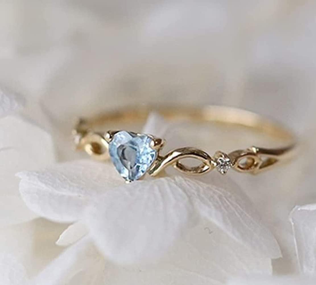 Koguxuix 14k Gold Sea Blue Topaz Love Heart CZ Crystal Diamond Ring Women Anniversary Engagement Wedding Gemstone Ring (8)