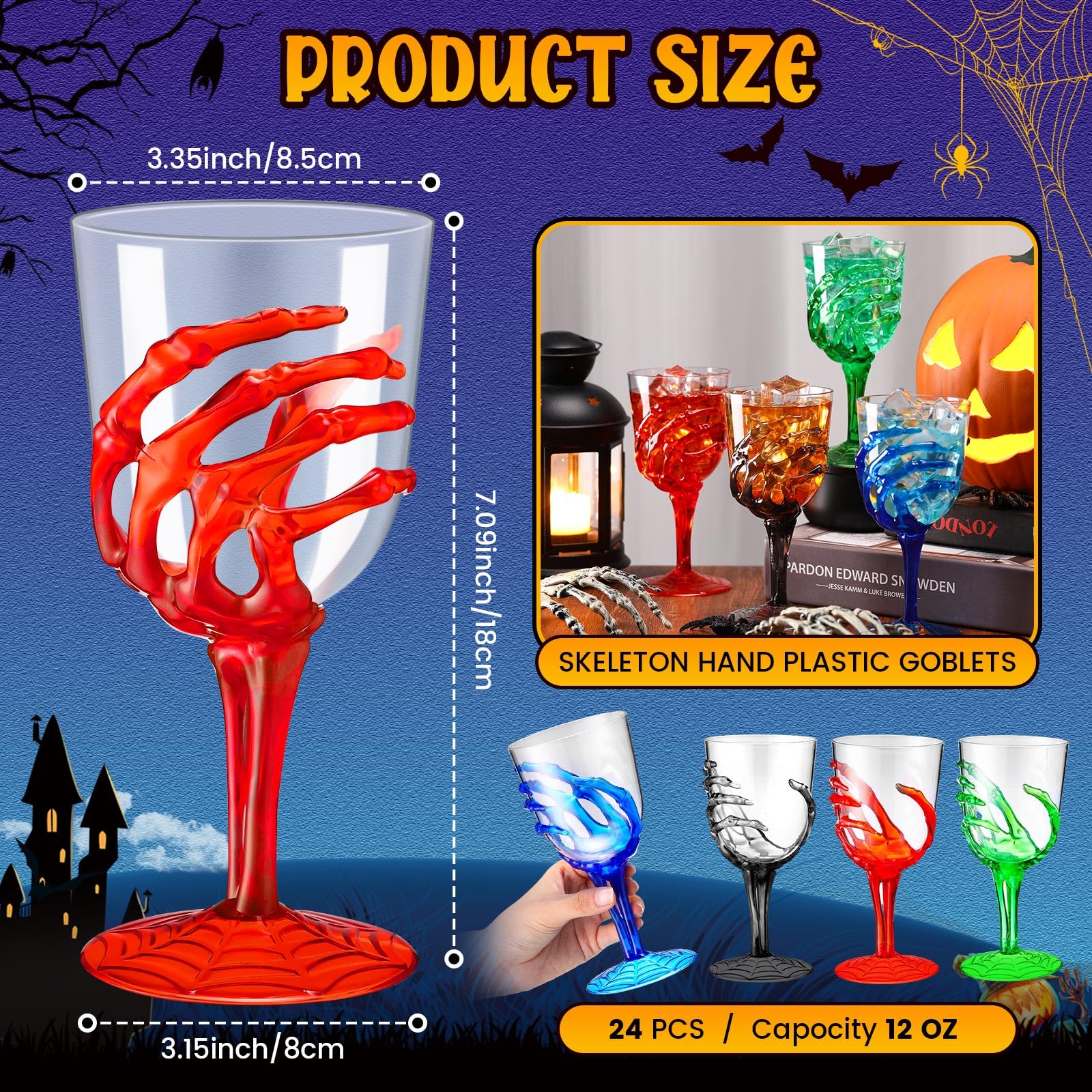 Sliner 24 Pcs Halloween Skeleton Hand Plastic Goblets 12 oz Spooky Skeleton Hand Goblets Halloween Wine Glasses Champagne Glassware Creepy Clear Cups for Halloween Party Haunted House, 4 Color