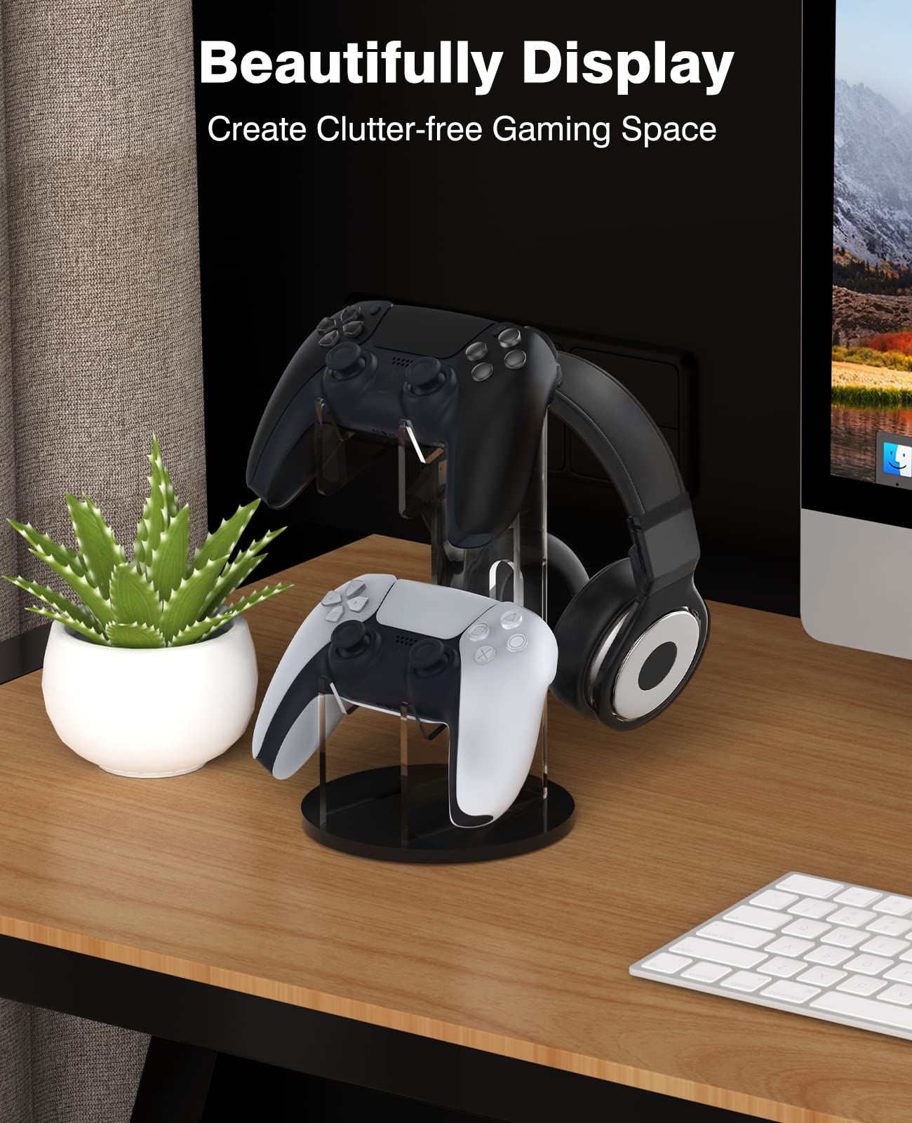 MoKo Universal Stand for Game Controller and Headset Stand, 2 in 1 Game Controller Stand Holder Storage Organizer for ps5, ps4, Xbox One, Xbox Series, Controller Stand Gaming Accessories, Black&Clear