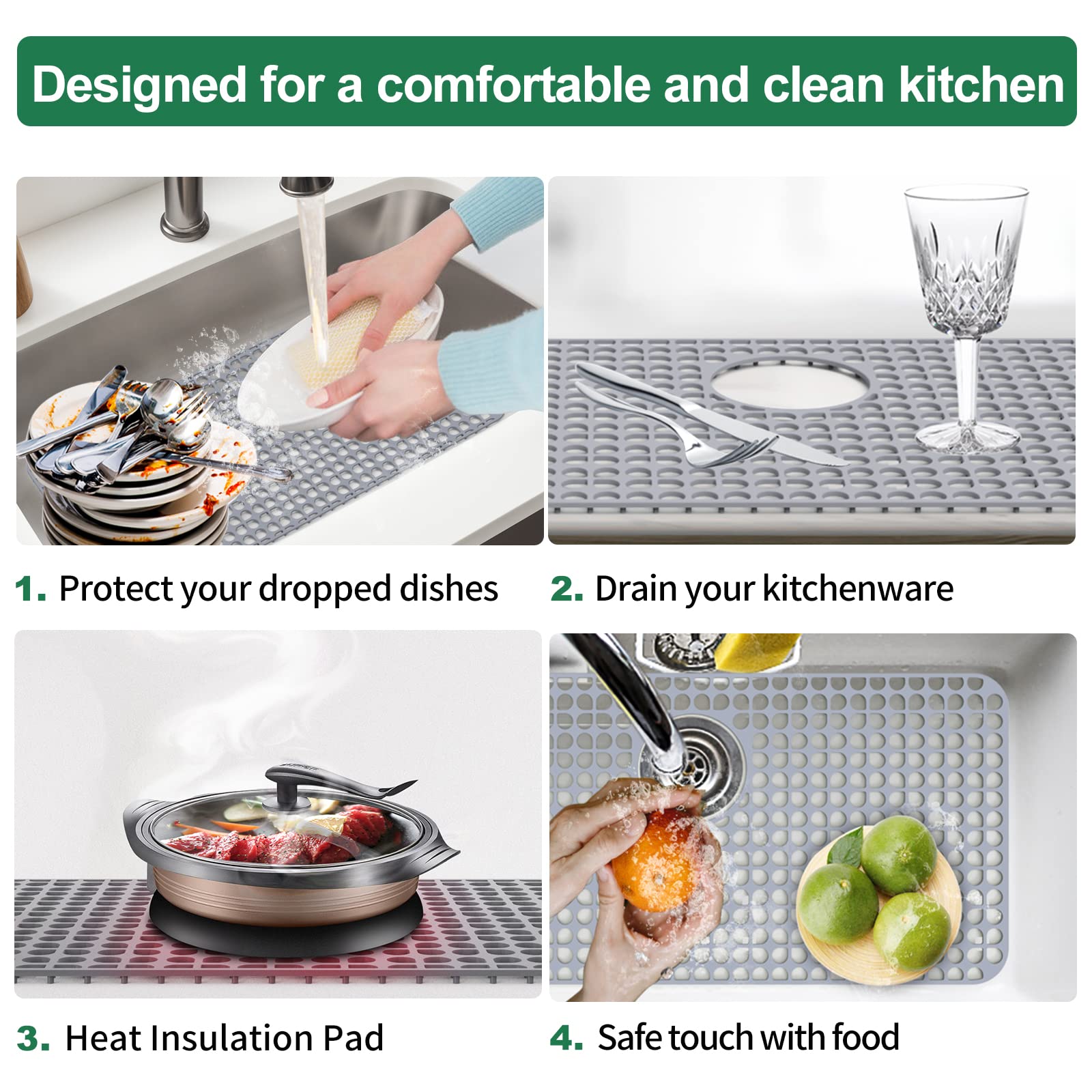 MOSTWOGO Silicone Sink Protector for Kitchen Sink 28''x15'', Heat Resistant Kitchen Sink Mat for Bottom of Stainless Steel/Porcelain Sink ,Rear Drain, 1PCS No-Slip Sink Grid Accessories(Grey)