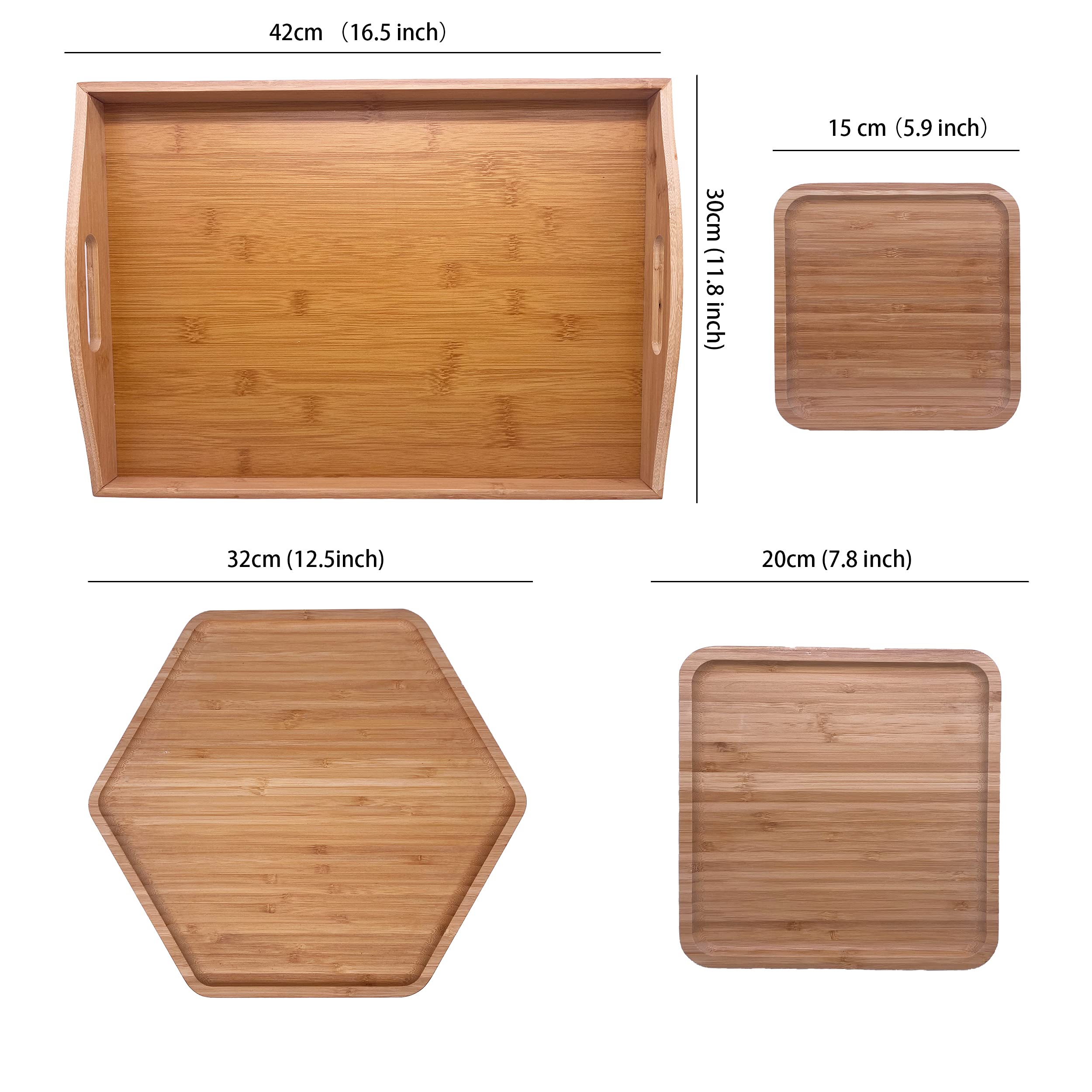 PAFREWOG Bamboo Serving Trays Cutting Boards 16.5"x11.8"(42x30cm) with Handle, Set Includes 0.63"(1.6cm) Thick Plates 1xHexagon 12.5"(32cm)+1xSquare 7.8"(20cm)+1xSquare 5.9"(15cm) for Family Dinner