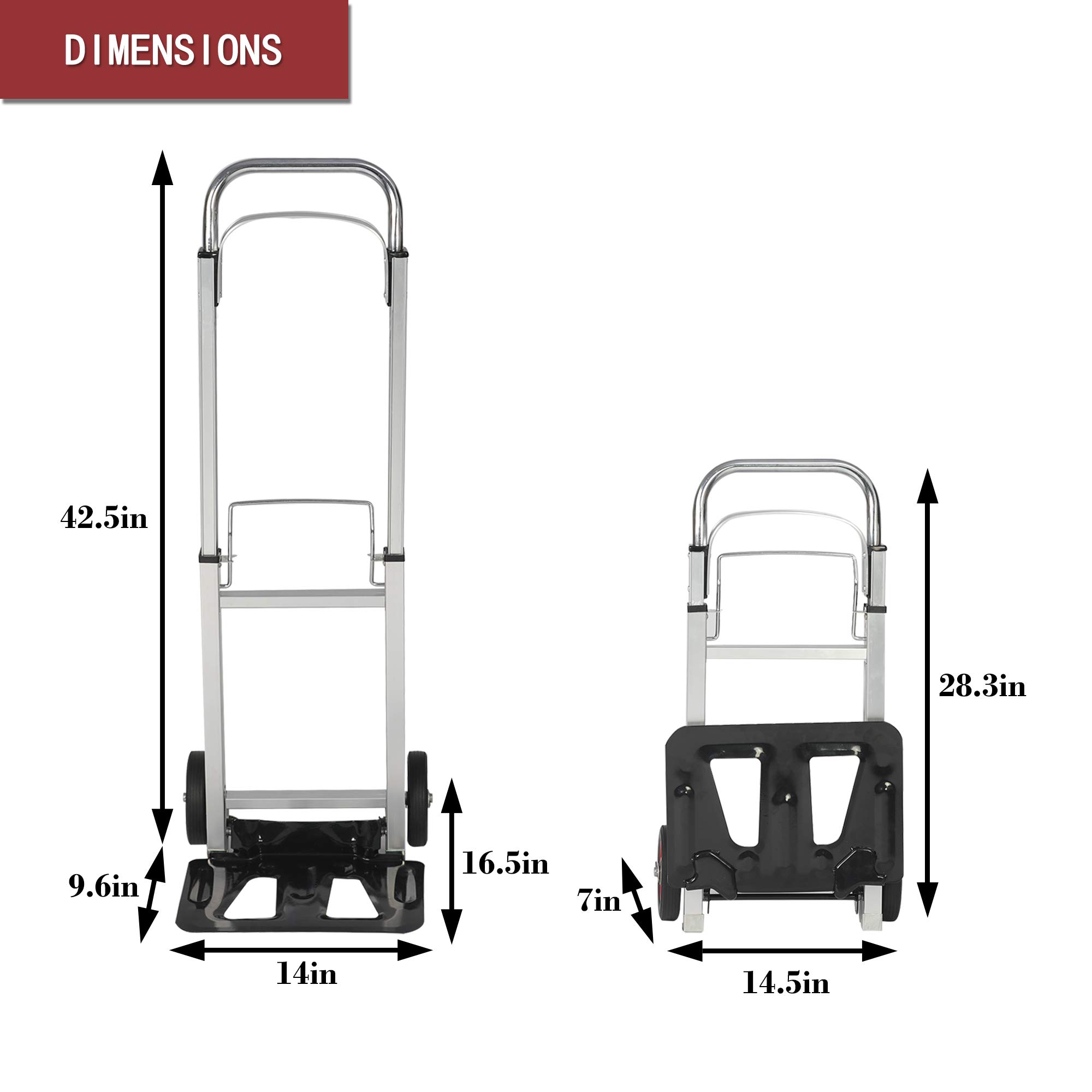 LUCKYERMORE 330 LB Capacity Hand Truck Dolly Portable Folding Compact Trolley Heavy-Duty Aluminum Luggage Cart with 2 Wheels