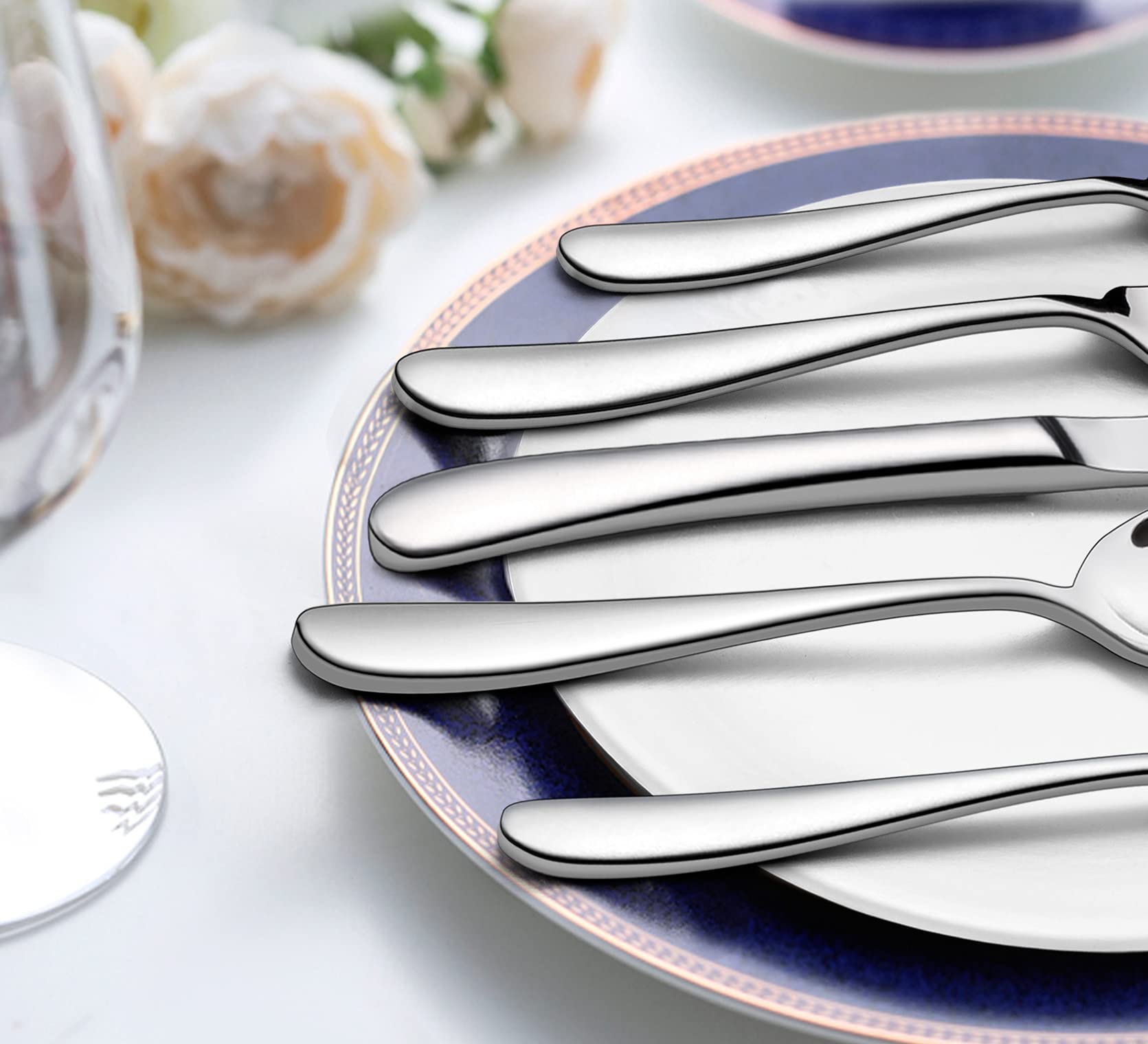 LIANYU 45-Piece Heavy Duty Silverware Set with Serving Utensils, Stainless Steel Flatware Set for 8, Thick Cutlery Eating Utensils Include Fork Knife Spoon, Mirror Finished, Dishwasher Safe