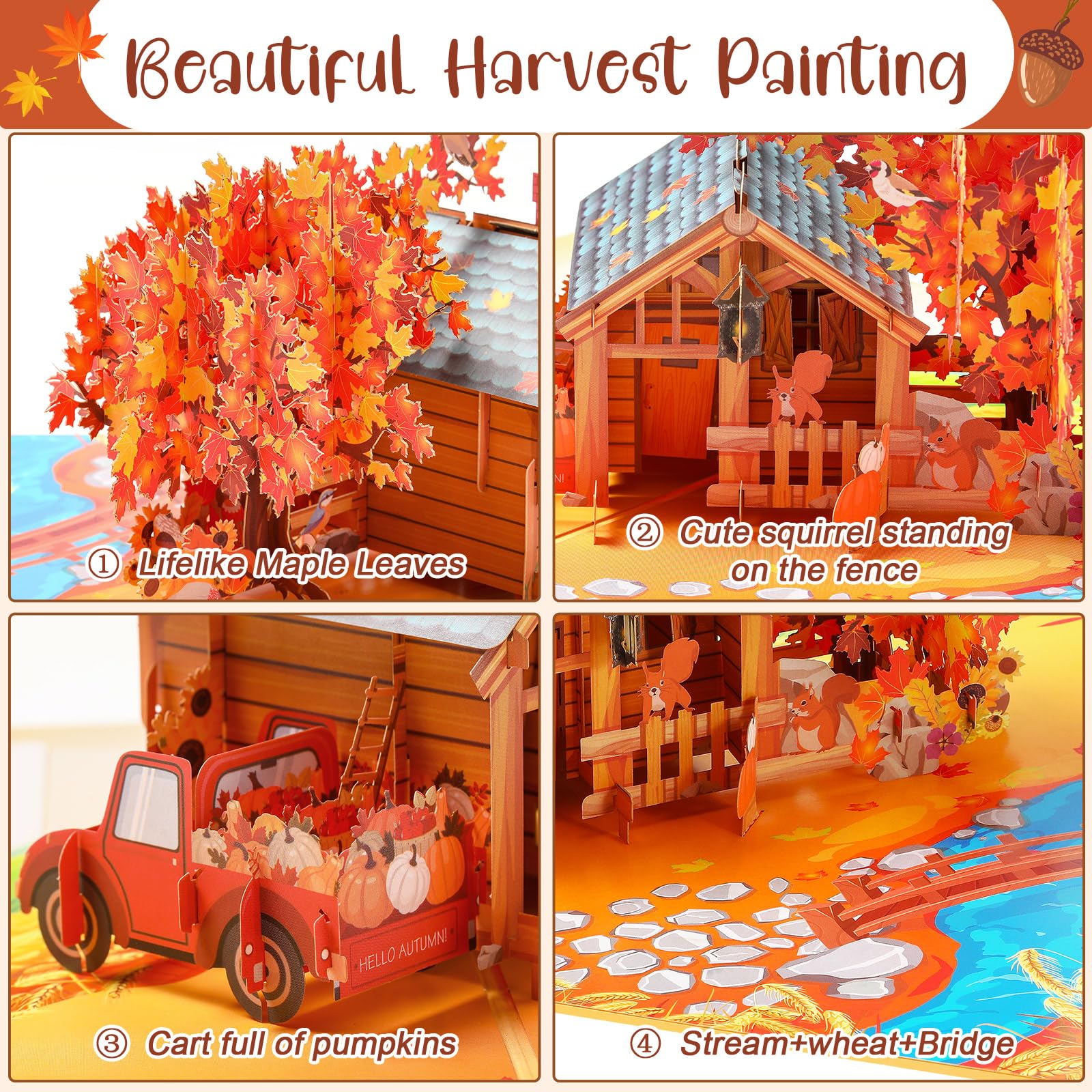 Teling 3D Thanksgiving Pop Up Card Fall Greeting Card with Envelope Handcrafted Cozy Autumn Farmhouse with Maple Tree Pumpkin Squirrel Thinking of You Hello Autumn 9" x 6.3" Cover