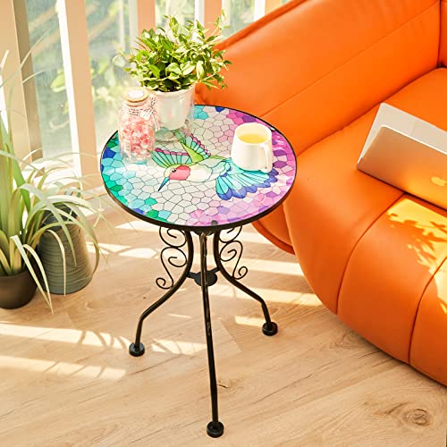 Outdoor Patio Side Table, 21" Round End Table with 14" Hummingbird Pattern Glass Top, Small Accent Table Bistro Coffee for Living Room Porch Balcony Garden Yard