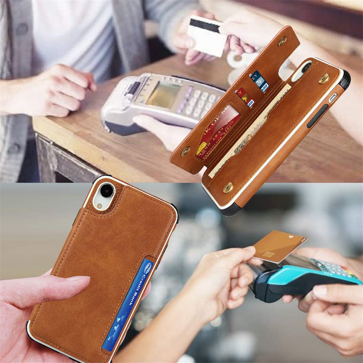 iCoverCase Wallet Case, with Card Slots Holder and Wrist Strap PU Leather Kickstand Double Magnetic Clasp Shockproof Cover Case for iPhone XR 6.1 Inch (Khaki)