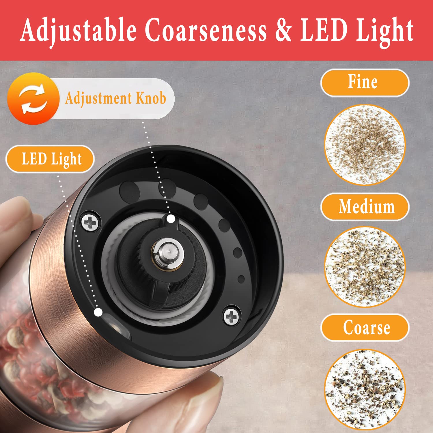 Rechargeable Electric Salt and Pepper Grinder Set with Stand - Nicely Packaged Giftable - No Battery Needed - Automatic Pepper Mill & Adjustable Coarseness & LED Light Refillable - Copper Color