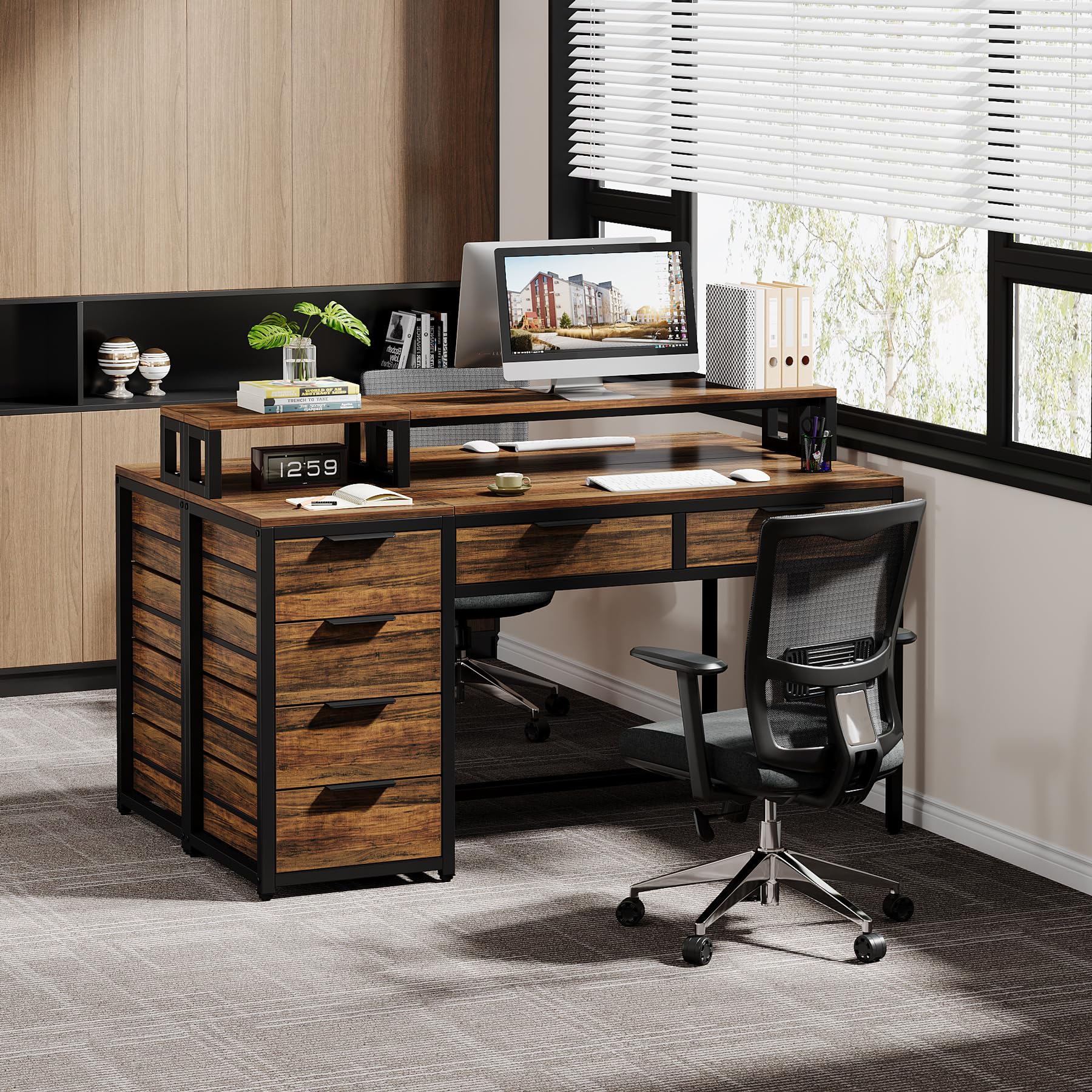 Tribesigns Computer Desk with 6 Drawers, 55-Inch Home Office Desk with Monitor Stand, Industrial PC Study Desk Writing Table Workstation for Home Office, Rustic Brown