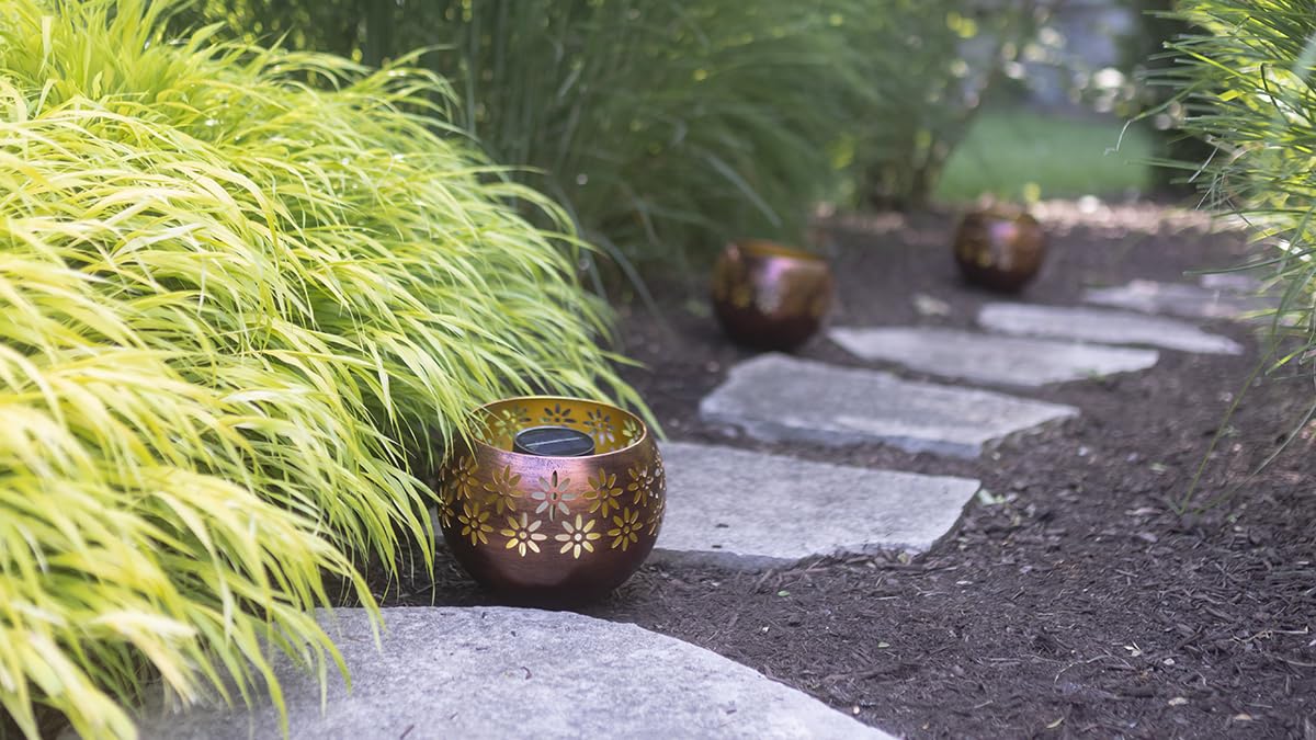 Solar Fire Bowl 8β 2-Pack Decorative Metal Solar Patio Light with Flickering Flame, Waterproof Dusk-to-Dawn Garden Lantern, Bronze/Copper