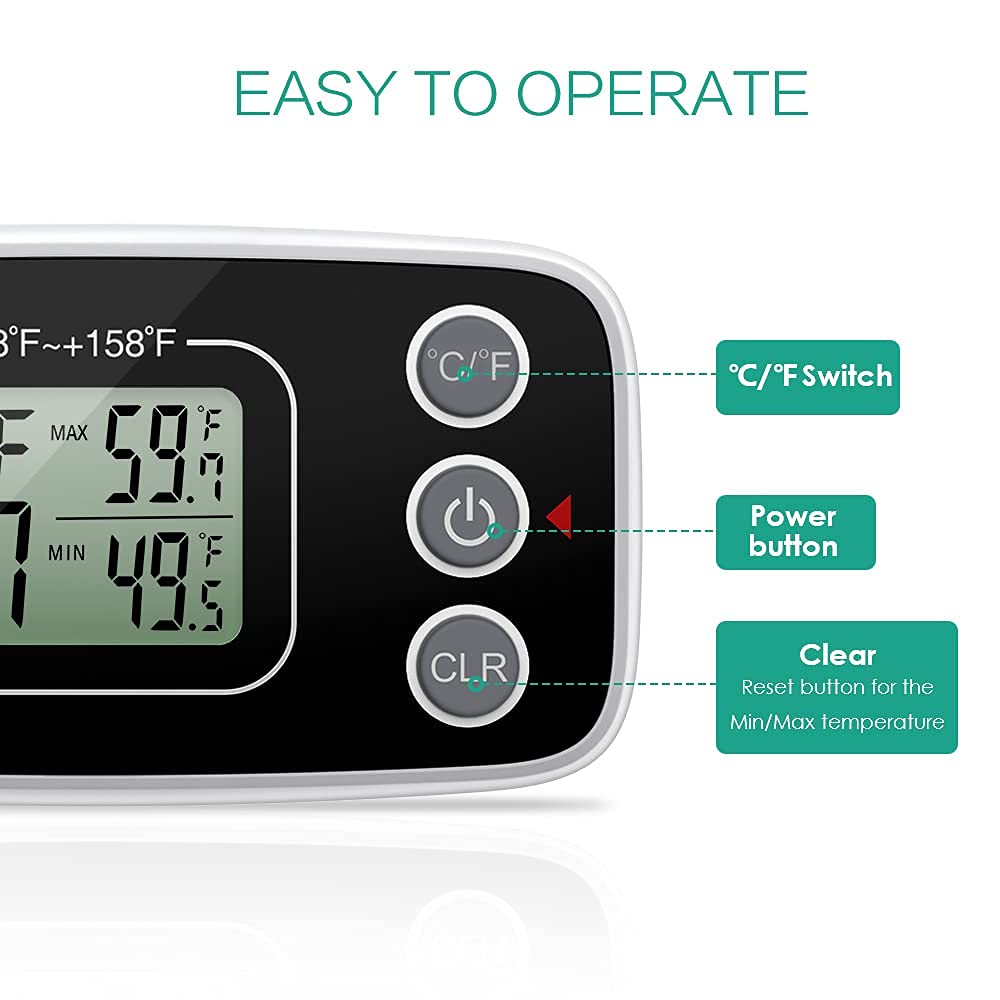 ORIA Refrigerator Thermometer, Digital Freezer Fridge with Thermometer Max and Min Display for Room, Refrigerator, Kitchen, Large LCD Display, 2 Pack, Black