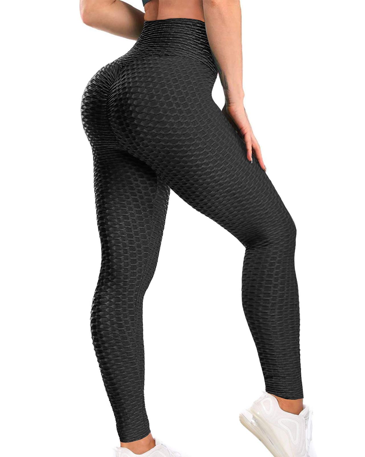 Jenbou Women's High Waist Yoga Pants Butt Lifting Ruched Stretchy Leggings Tummy Control Workout Sport Tights Black