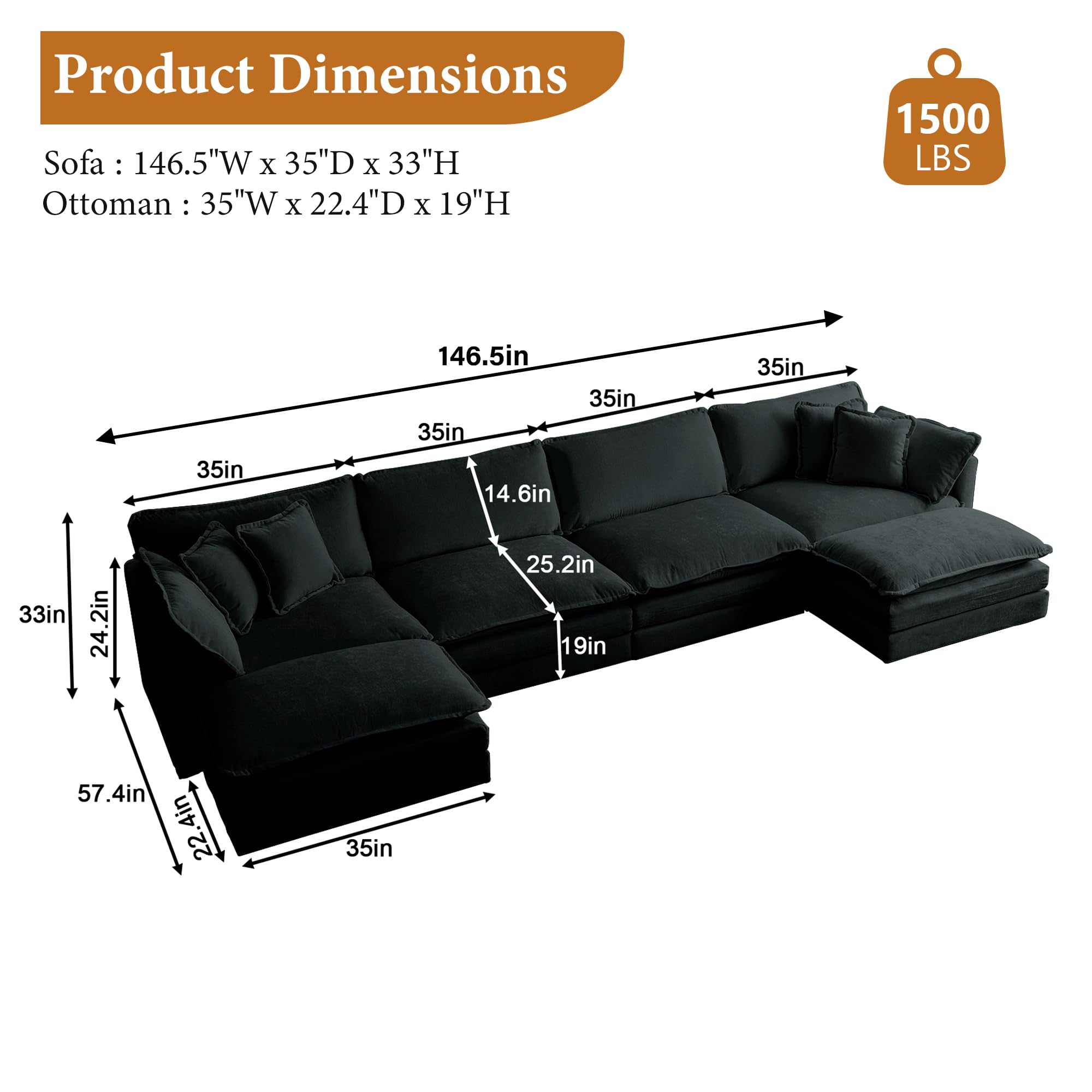 Tmsan 146.5" Oversized U Shaped Sectional Sofa with Double Cushions & Movable Ottoman, Modern 6 Seater Cloud Modular Couch for Living Room, Black Chenille