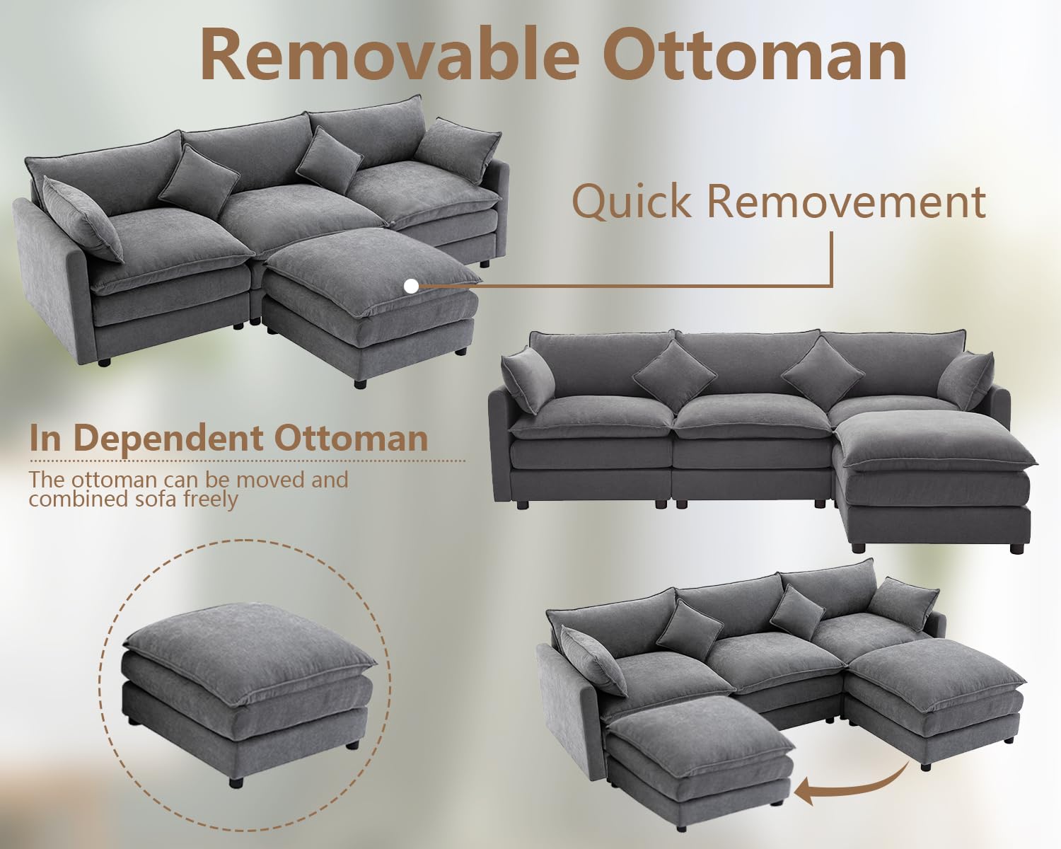Suheww Grey L Shaped Sectional Sofa, 3 Seat Convertible Sectional Sofa Couch with Movable Ottoman, Modern Chenille Fabric L Shaped Sectional Couches for Living Room Apartment Office RV
