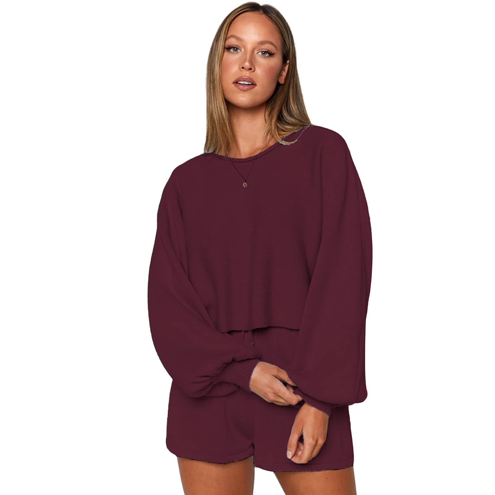 JNINTH Women's 2 Piece Knit Outfits Solid Pullover Sweater Puff Sleeve Crop Top and Shorts Sweatsuit Set (Black, L)