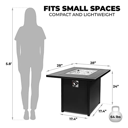 Outland Living Main Street 430 Model Square Fire Pit Table for Outside Patio β 28" Compact Outdoor Propane Gas Fire Table, Black β with Glass Rocks Set, Pre-attached 1m Hose and Regulator