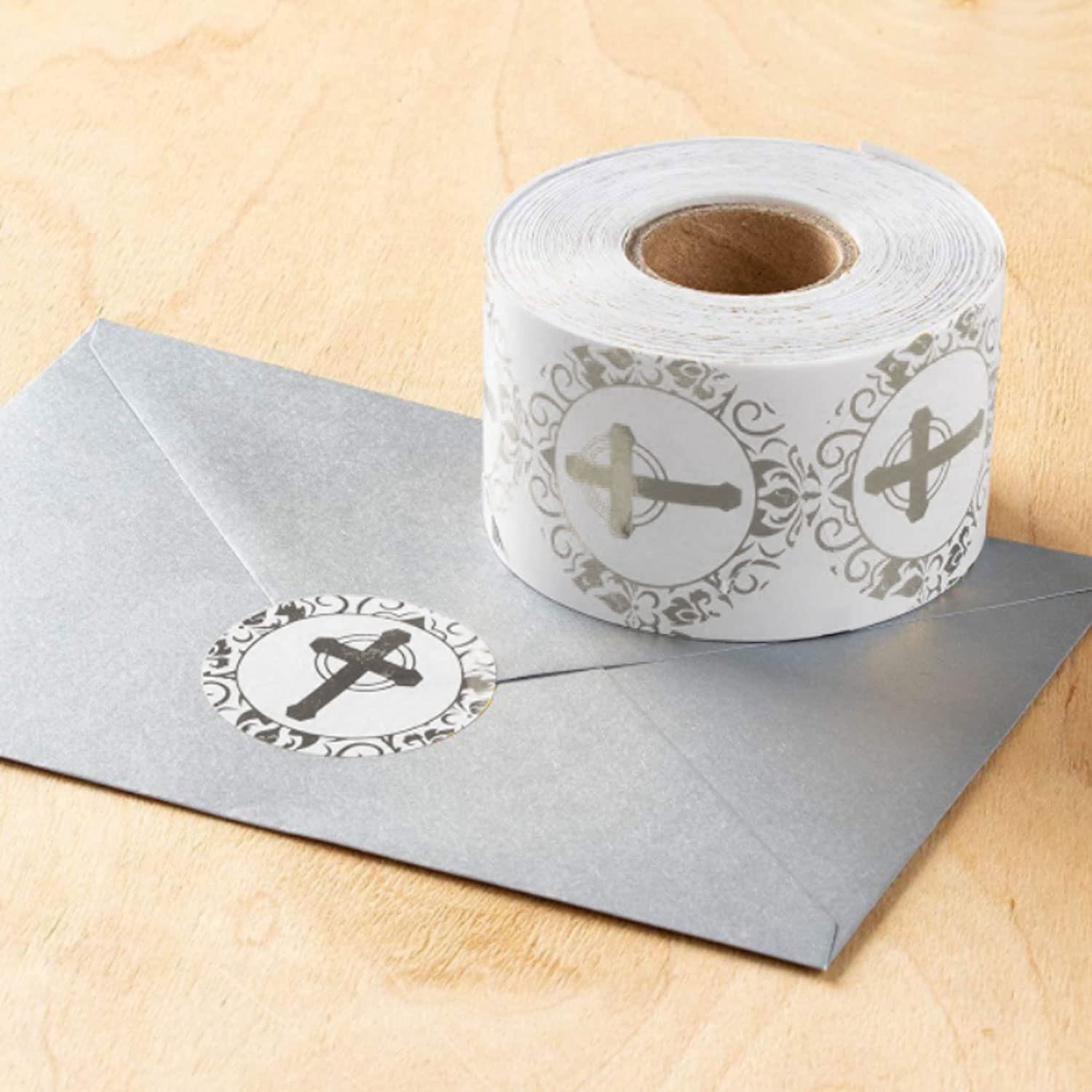 SUPIA 2 Pack 500-Piece Total 1000 Christian Cross Sticker Roll, Design Round Labels with Gold Foil Finish Christening, Communion, Occassions, Envelope Seals, 1 inch/2.5 cm in Dia (Silver), (DF-136)