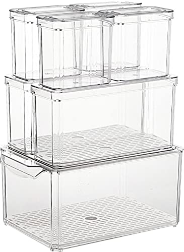 Set Of 7 Clear Fridge Organizer Stackable Refrigerator Organizer Bins with Lids,Pantry Organization and Storage,Apply to Fridge,Fresh Keeper Bin,with Vented Lids & Removable Drain Tray