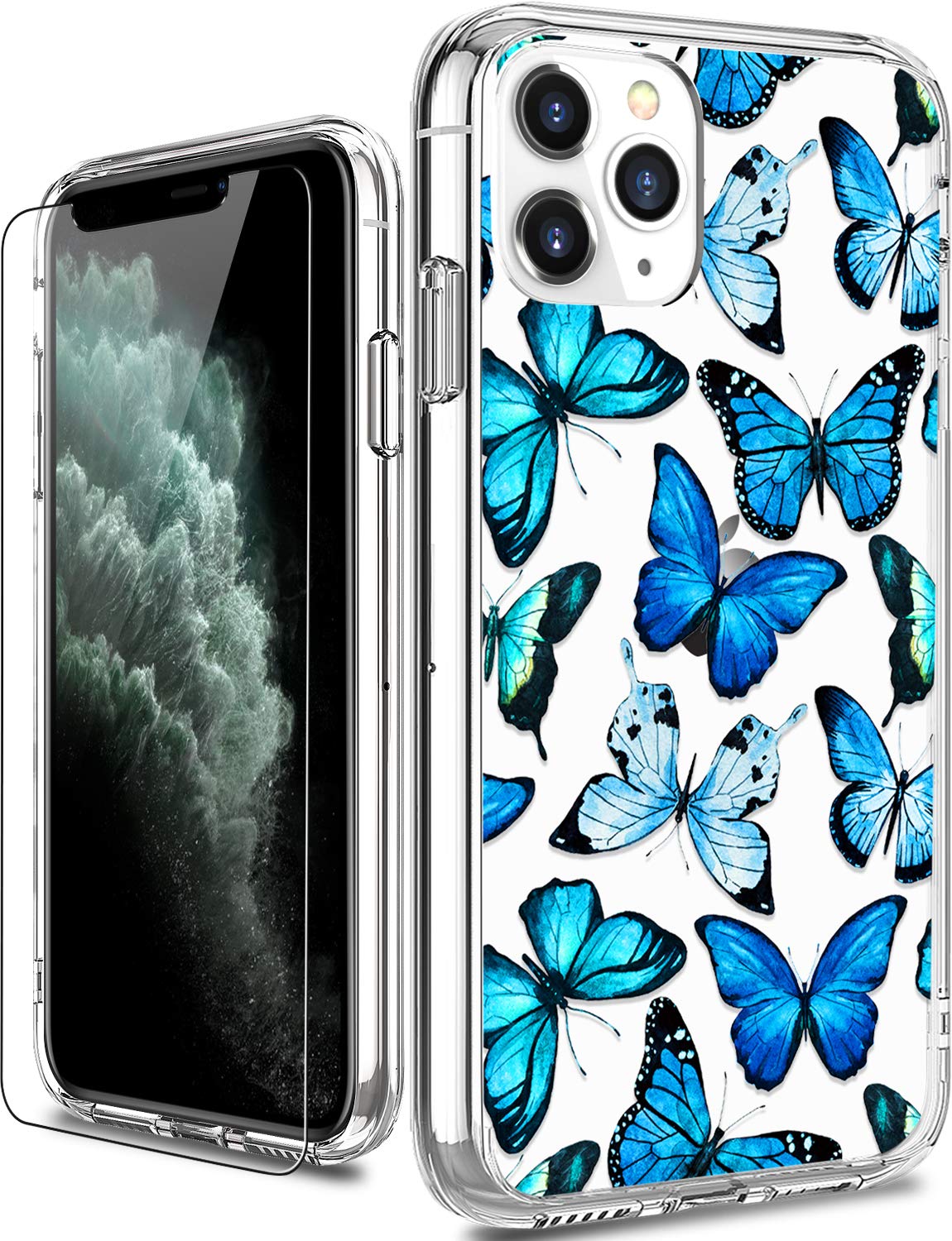 LUHOURI Designed for iPhone 11 Pro Max Case with Screen Protector - Slim Fit, Sturdy Clear Acrylic Cover for Women and Girls - Protective Phone Case 6.5" - Floral Blue Butterflies