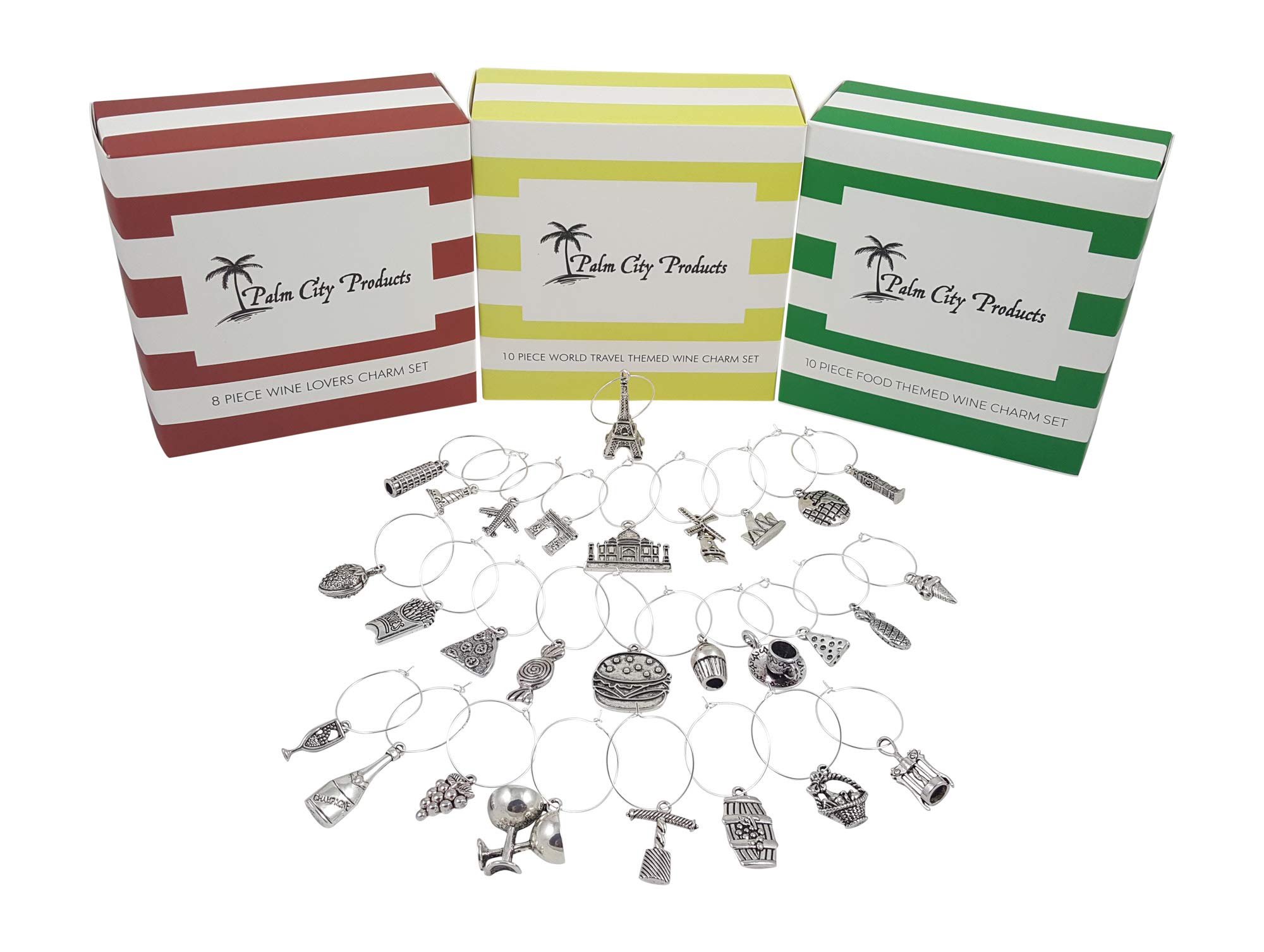 Palm City Products Around the World Wine Charm Set with Food, Wine, and Travel Themed Sets - 28 Piece Bundled Set