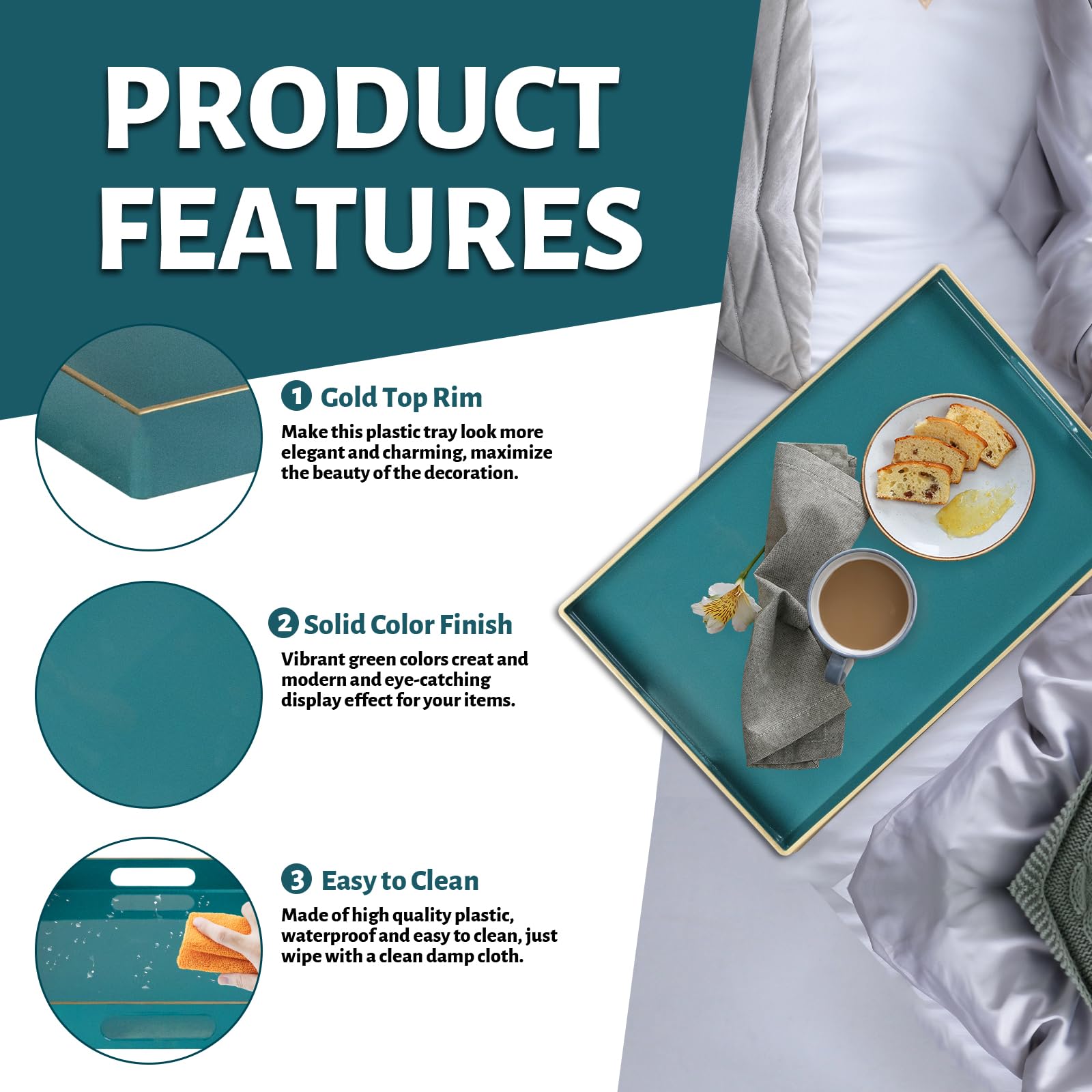 MAONAME Teal Serving Tray with Handles, Modern Decorative Tray for Coffee Table, Plastic Rectangular Tray for Ottoman, Bathroom, Decor, 15.75β x 10.2β x1.57