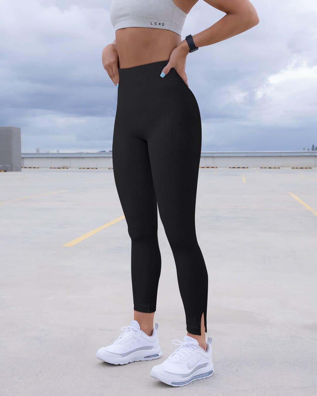 OQQ Women's 2 Piece Workout Tummy Control Ribbed Gym Exercise Yoga Pants, Black Beige, Small