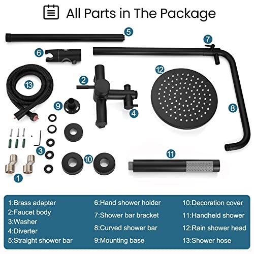 Outdoor Shower Fixture Set Matte Black SUS 304 Stainless Steel 8 Inch Rainfall Shower Head with Cylinder Handheld Spray Wall Mount Adjustable Slide Bar One Handle Shower Faucet