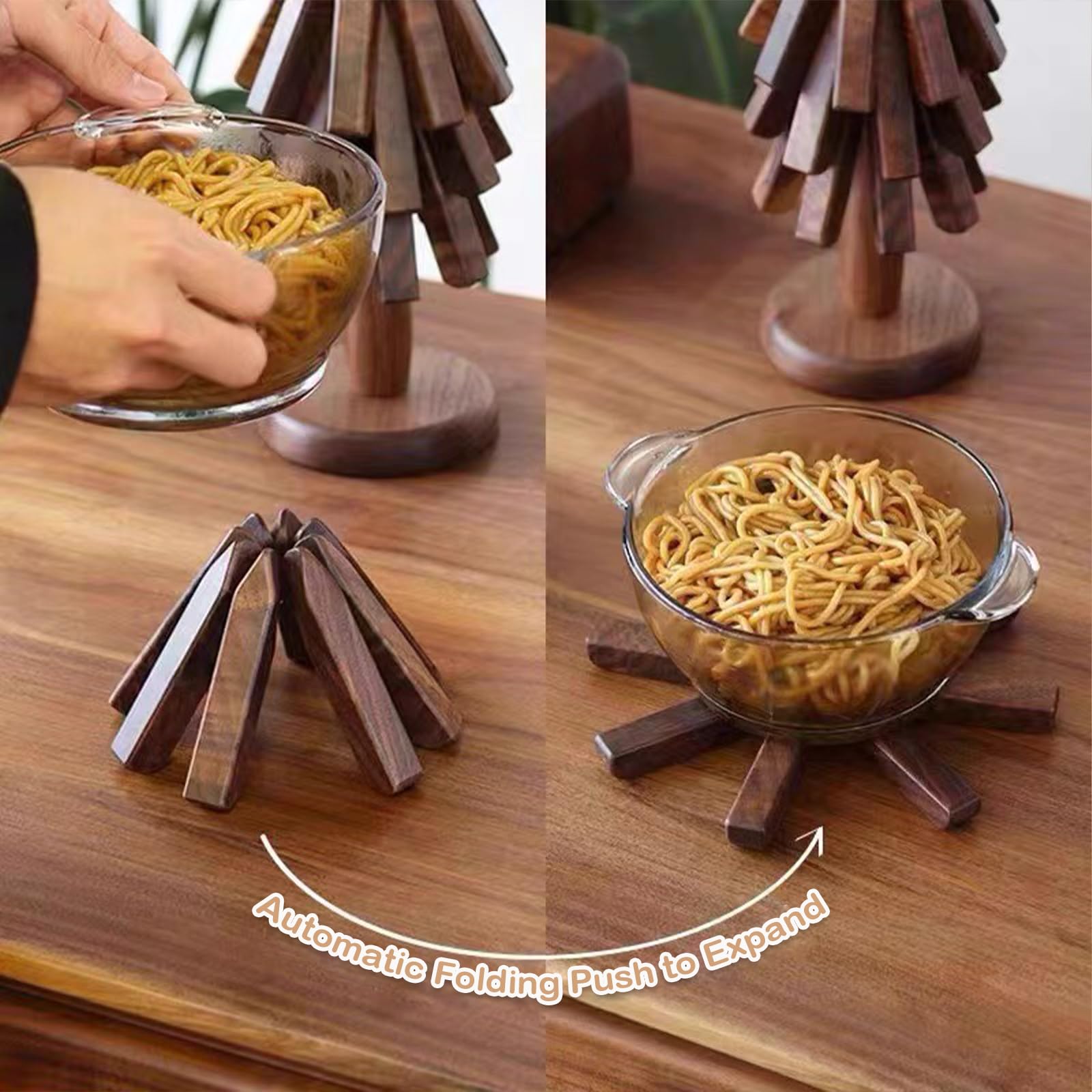 SHEKAKO Wooden Trivet Pads Set, 3 Heat Resistant Pot Holders, Non-Slip Foldable Wood Coaster, Christmas Tree Shaped Trivet Mats, Home Decor for Table Protection for Drinks, Plates, Pots, Pans (A)