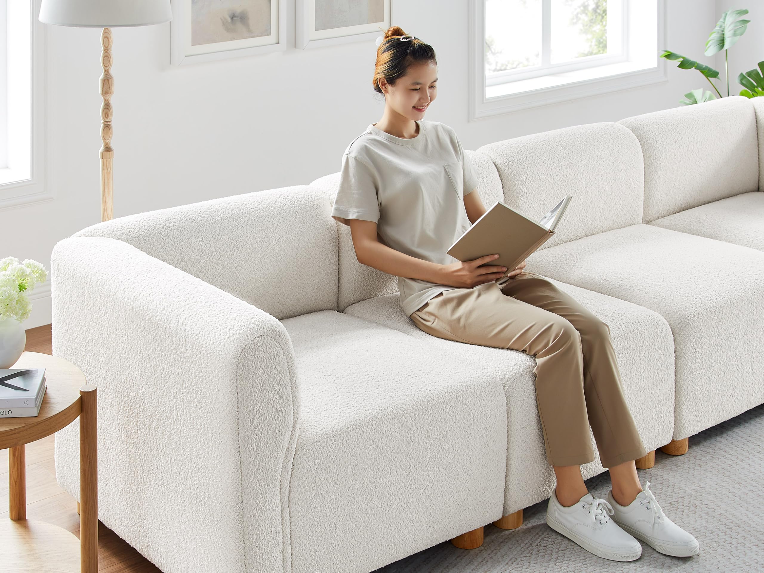 VANOMi Oversized Modular Sectional Sofa Set, Sleeper Couch That can Turn into Cinema Mode, 93 Inches Wide, 6 Seats, Boucle Fabric