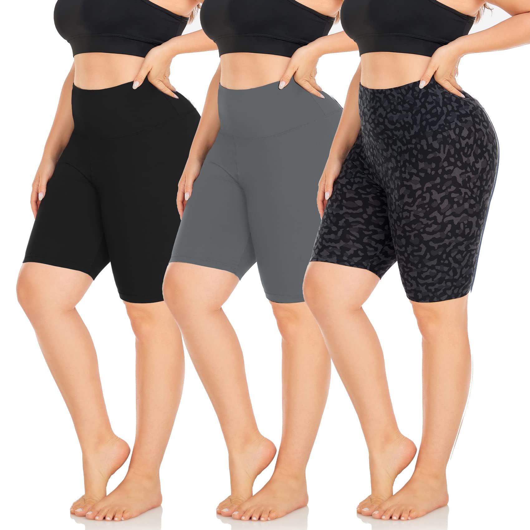 NEW YOUNG 3 Pack Plus Size 8" Biker Shorts for Women-High Waist Tummy Control Black Workout Spandex Soft Yoga Shorts Summer