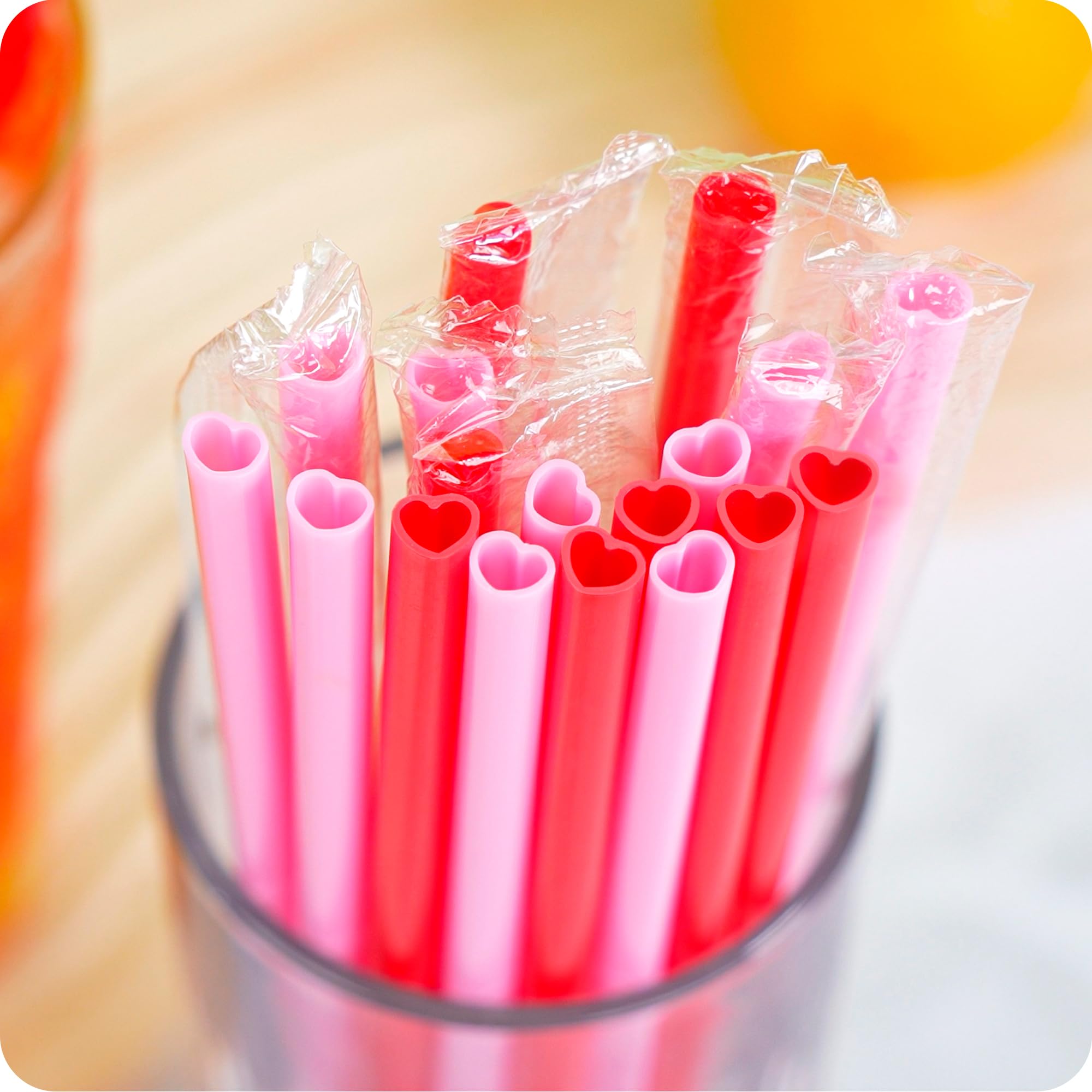Prurex 50pcs Pink HeartShaped Straws,Individually Wrapped Disposable Drinking Straws for Valentines day/Wedding/Birthday Party/Cocktail Supplies