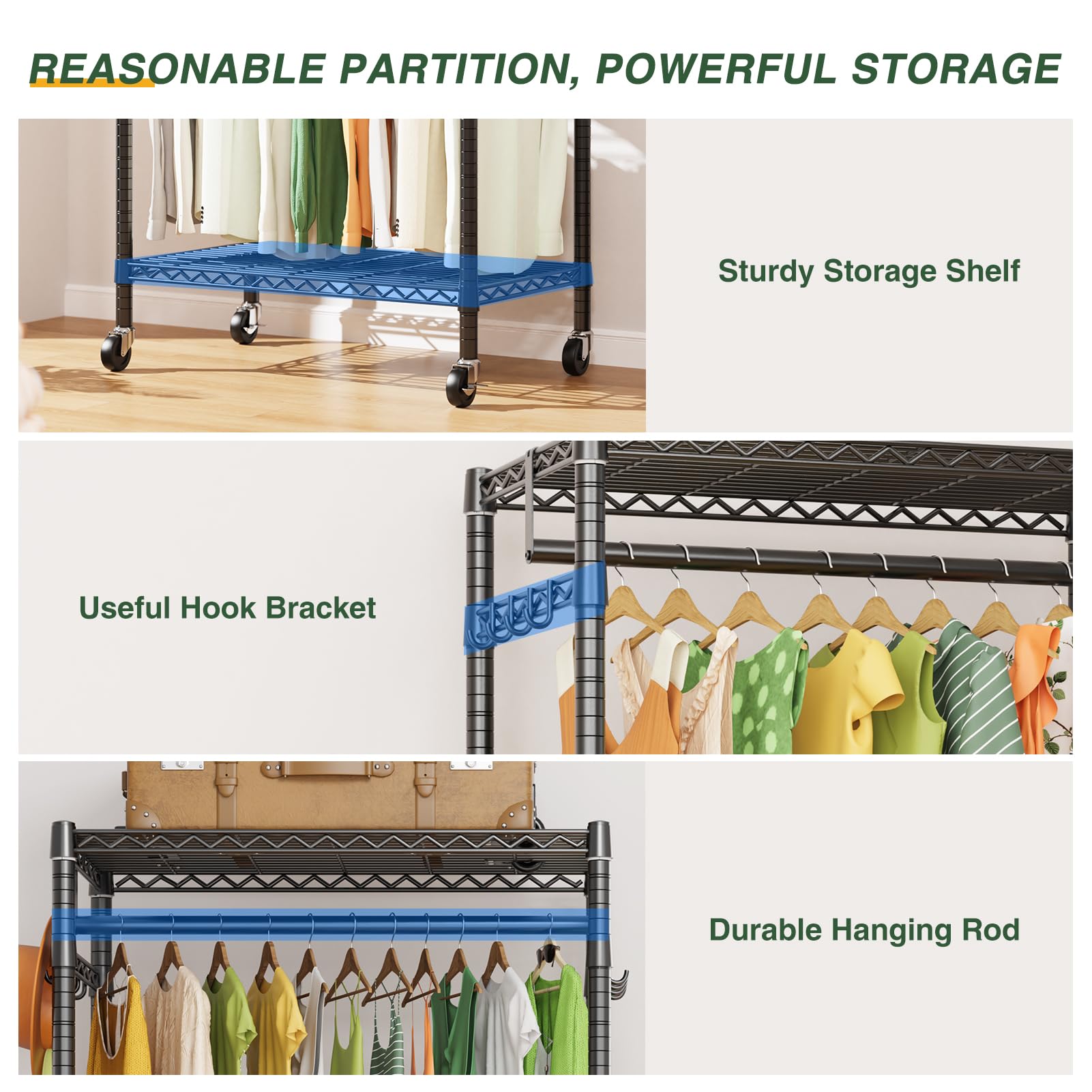 LEHOM G1M Heavy Duty Clothes Rack, 3 Tiers Rolling Garment Rack for Hanging Clothes, Adjustable Wire Clothing Rack with Storage Shelves, Lockable Wheels Freestanding Closet Wardrobe for Bedroom