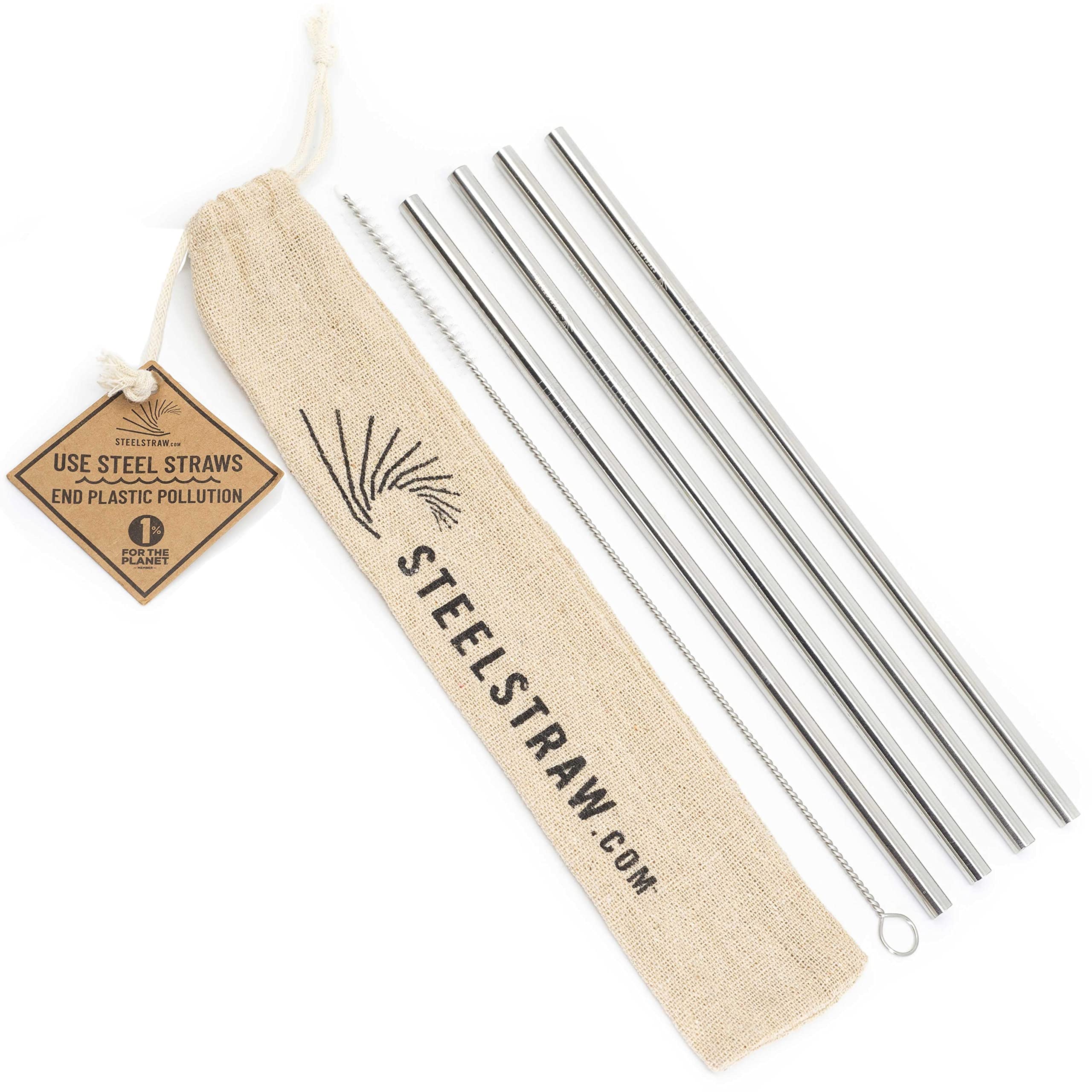 Metal Straws - 4 Reusable Stainless Steel Straws w/Cleaning Brush in Cloth Bag - Straight Straw fits 20 oz Tumblers