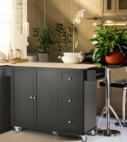 Rolling Kitchen Island with Drop Leaf Portable Kitchen Table Seating Cart 3 Drawers Lockable Wheels 1 Double Door Cabinet Slim Mobile Rubber Wood Counter Top Moveable Stand Alone 53" Movable Black