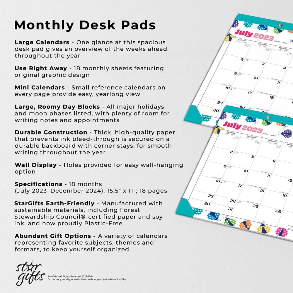Ladybug Party | 2024 15.5 x 11 Inch 18 Months Monthly Desk Pad | July 2023 - December 2024 | StarGifts | Planning Stationery