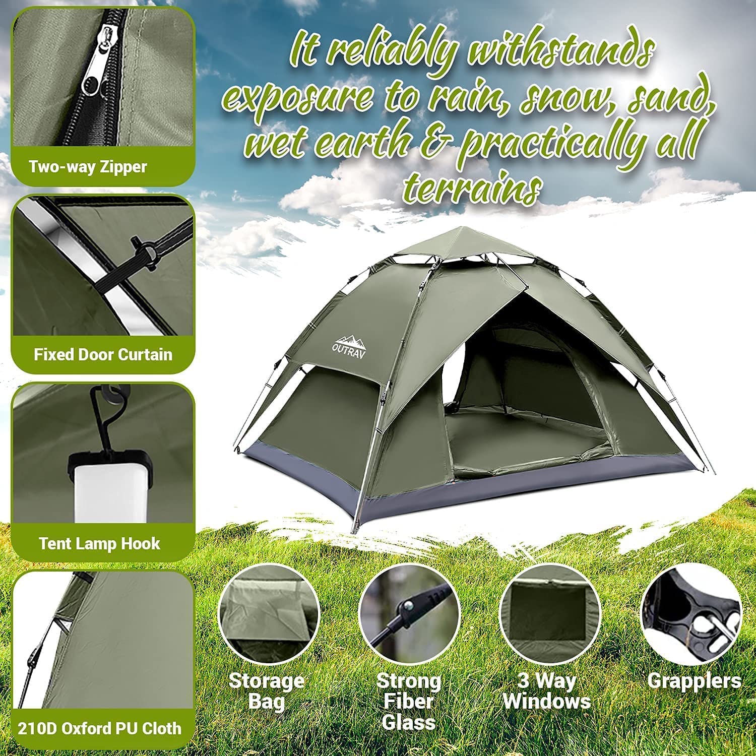 Outrav Easy Automatic Pop-Up Camping Tents for 3-4 People – Lightweight Quick Setup Instant Pop Open Cabin with Two Way Zipper, Lamp Hook, Net Curtain, Stakes, Rope, Carrying Bag