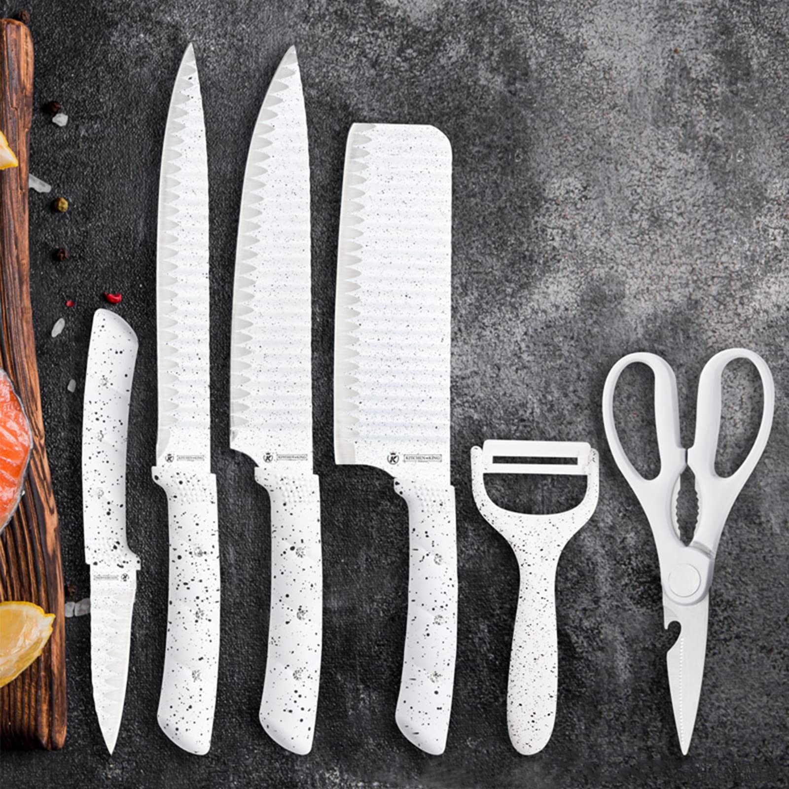 RETROSOHOO Kitchen Knife Set, 6 PC Ripple Stainless Steel Sharp Chef Knife Set with Scissors and Peeler, Non-Stick Knife Set with Non-Slip Diamond Handle Perfect for Kitchen Restaurant Home (White)