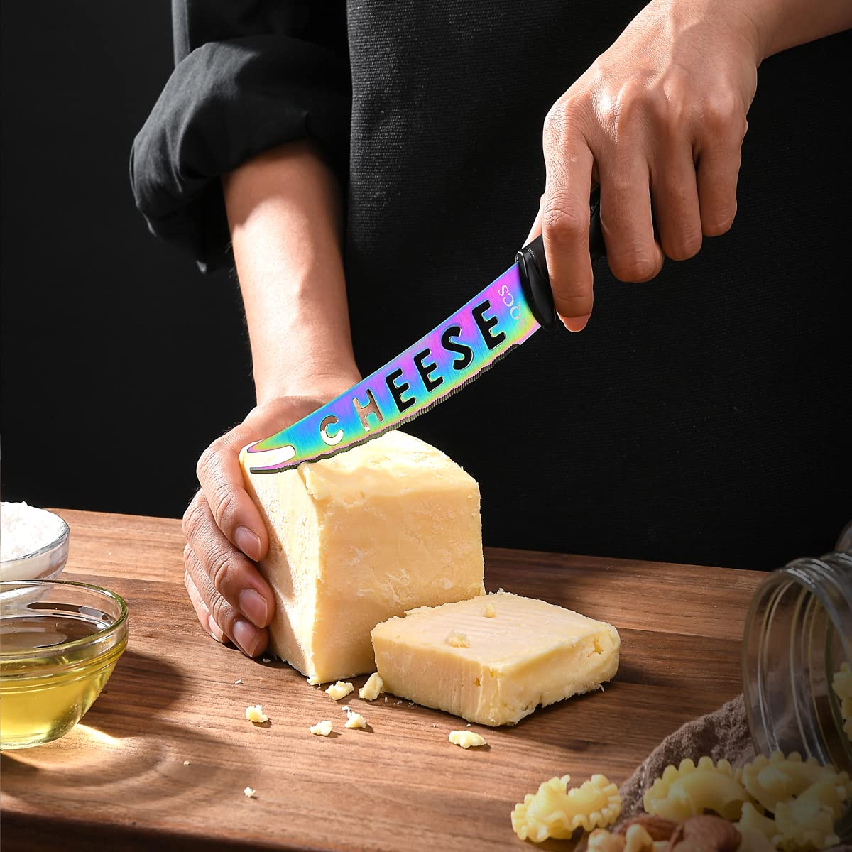 Rainbow Titanium Knife Set 17 PCS Kitchen Knives Set Sharp Cutlery Knife Sets Contain 6 Steak Knives Sharpener Clear Acrylic Stand Nonstick Chef Knife Block Set (Black Handle Rainbow Blade)
