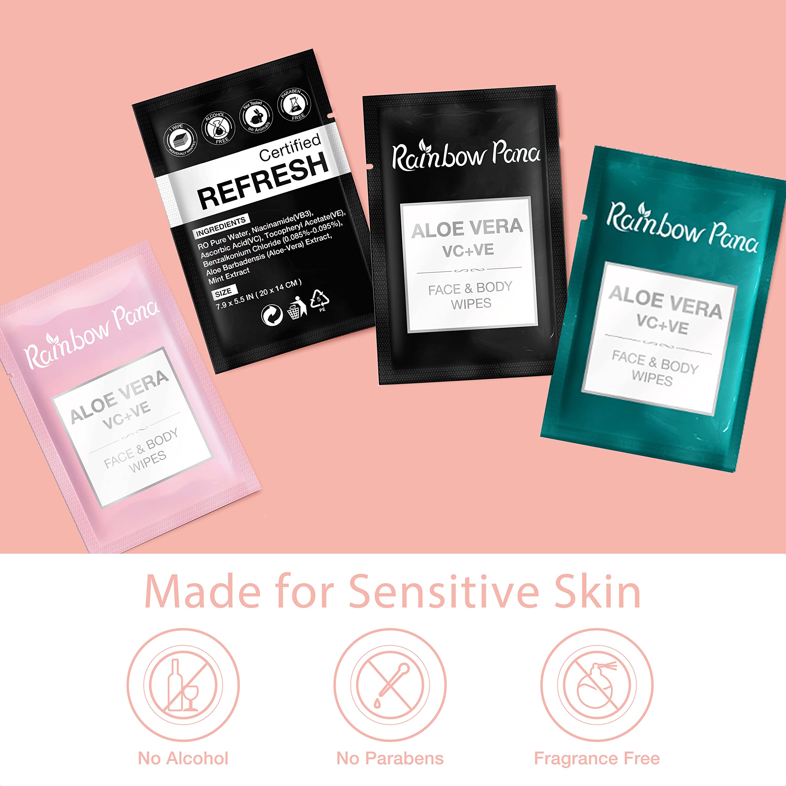 RainbowPana Men Face & Body Wipes, 50 Count - Eliminates Sweat & Odor, On-The-Go Individually Wrapped - Travel Wipes, Cleansing Wipes - Infused with Mint, Aloe, Vitamins B3, C, E - Premium Texture