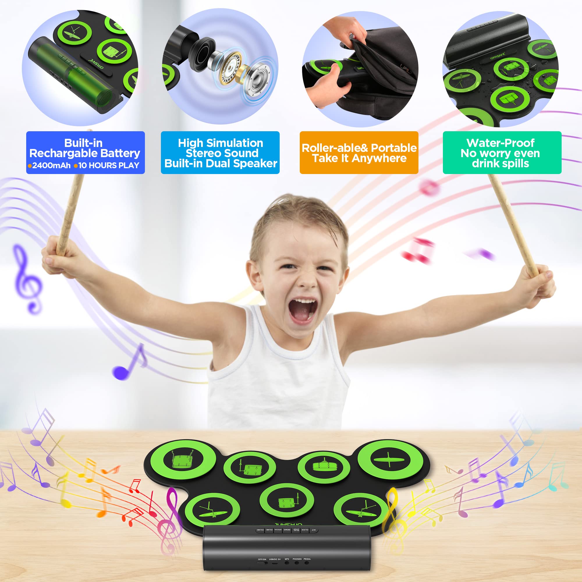 ORASANT Real-Effect Rechargeable Portable Electronic Drum Set, Multi-Functional Electric Drum Set with Volume Adjustable Built-in Speaker Headphone-Jack Foot Pedals Sticks 10H Playtime, Green