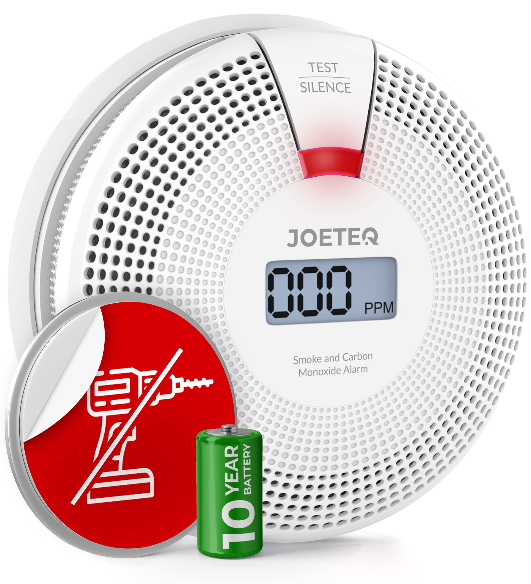 JOETEQ 2-in-1 Smoke and Carbon Monoxide Detector 10 Year Battery Operated Included - No Drilling Easy Adhesive Installation, SC01-BS, 1pcs