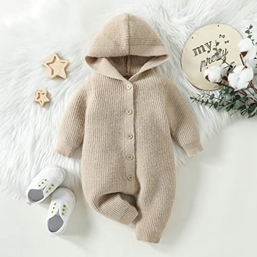 SHIBAOZI Infant Boys Girls Wool Knit Hooded Romper Long Sleeve Solid Button-Down Baby Winter Clothes Warm Outwear (Khaki, 9-12 Months)