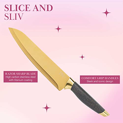 Paris Hilton Reversible Bamboo Cutting Board and Cutlery Set with Matching High Carbon Stainless Steel Knives, Blade Guards, Sleek Yet Comfortable Handle Grips, 7-Piece Set Gold, Charcoal Gray
