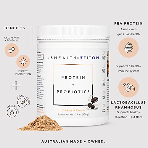 JSHealth Vegan Pea Protein Powder with Probiotics - Gluten Free, Non GMO, Plant Based Protein Drink Mix - 450g, Cookies & Cream