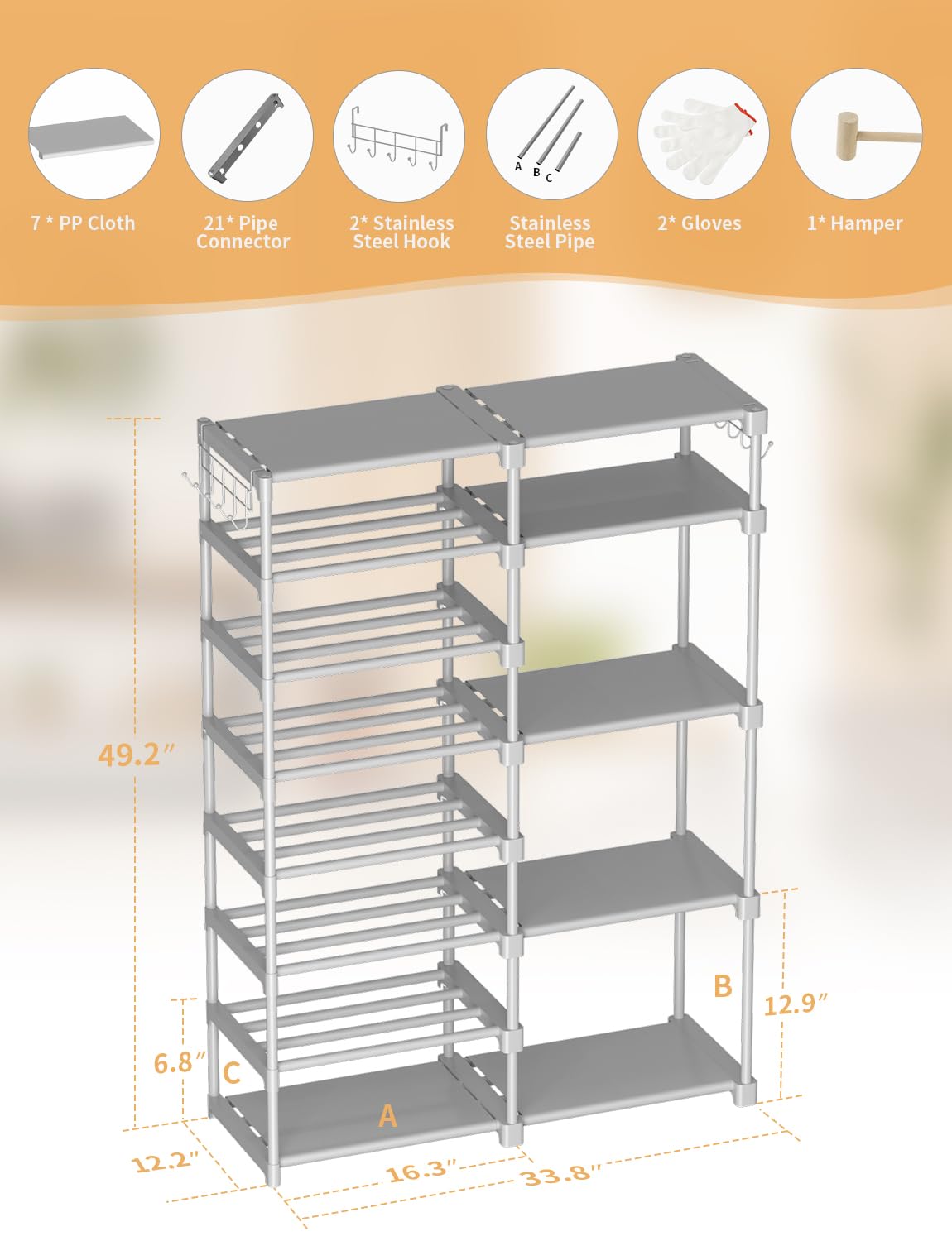 TIMEBAL Grey 8-Tier Shoe Rack Storage Organizer, 25-28 Pairs Shoes Shelf Organizer, Removable & Dust Large Stackable Shoe Rack for Boot & Shoe Storage
