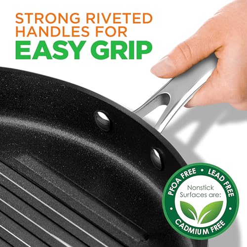 NutriChef Anodized Non-Stick Grill - Dishwasher Safe Nonstick Grill Pan Heavy Gauge Aluminum Body with Hard Anodized Surface for Even Heating, Max Temperature: 500° Fahrenheit (260° Celsius)