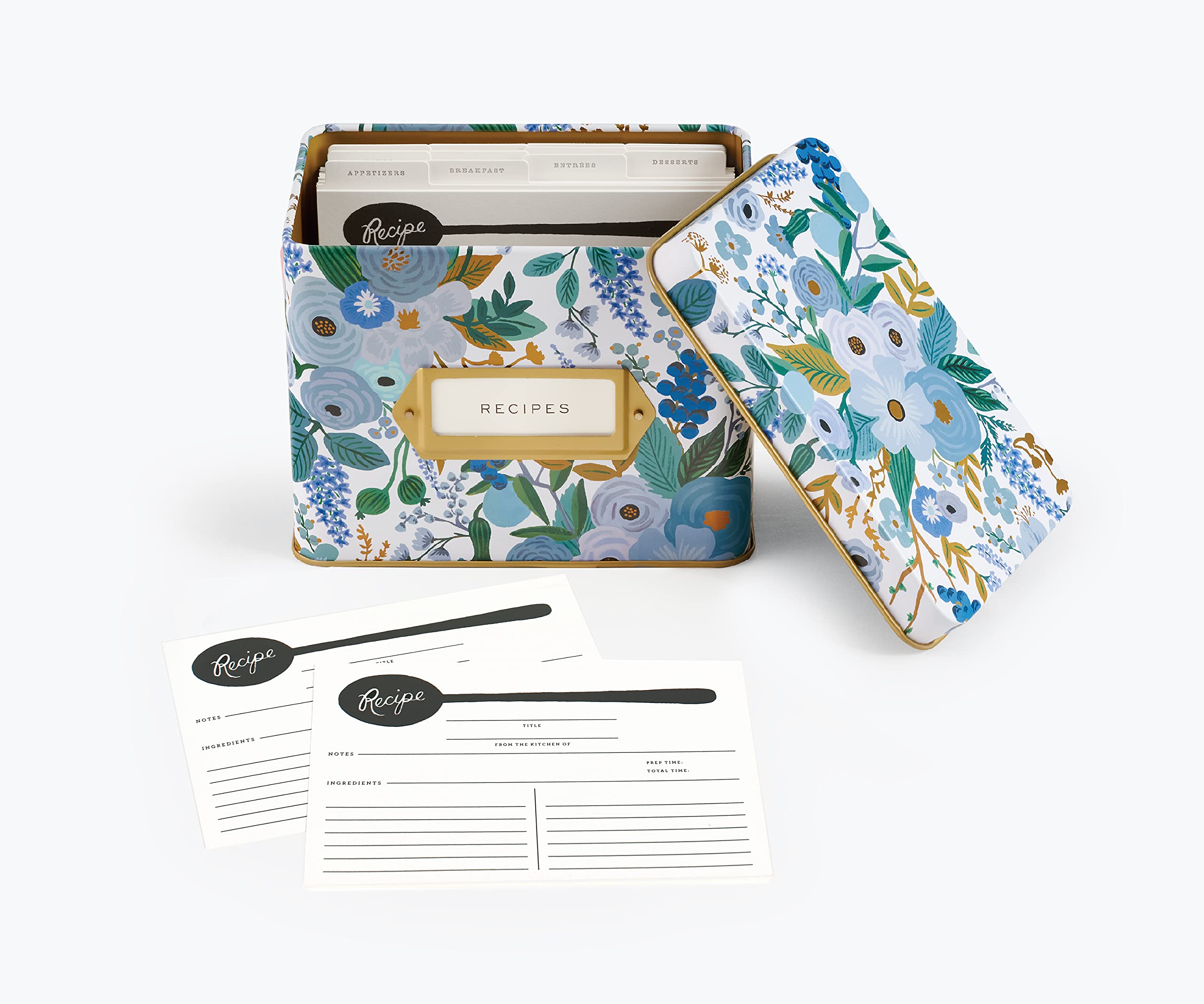 RIFLE PAPER CO. Garden Party Blue Recipe Tin, Gold Metallic Interior, Gold-Framed Label On Front, Includes 24 Recipe Cards and 12 Recipe Dividers, Bring Charm and Cheer Into Your Kitchen