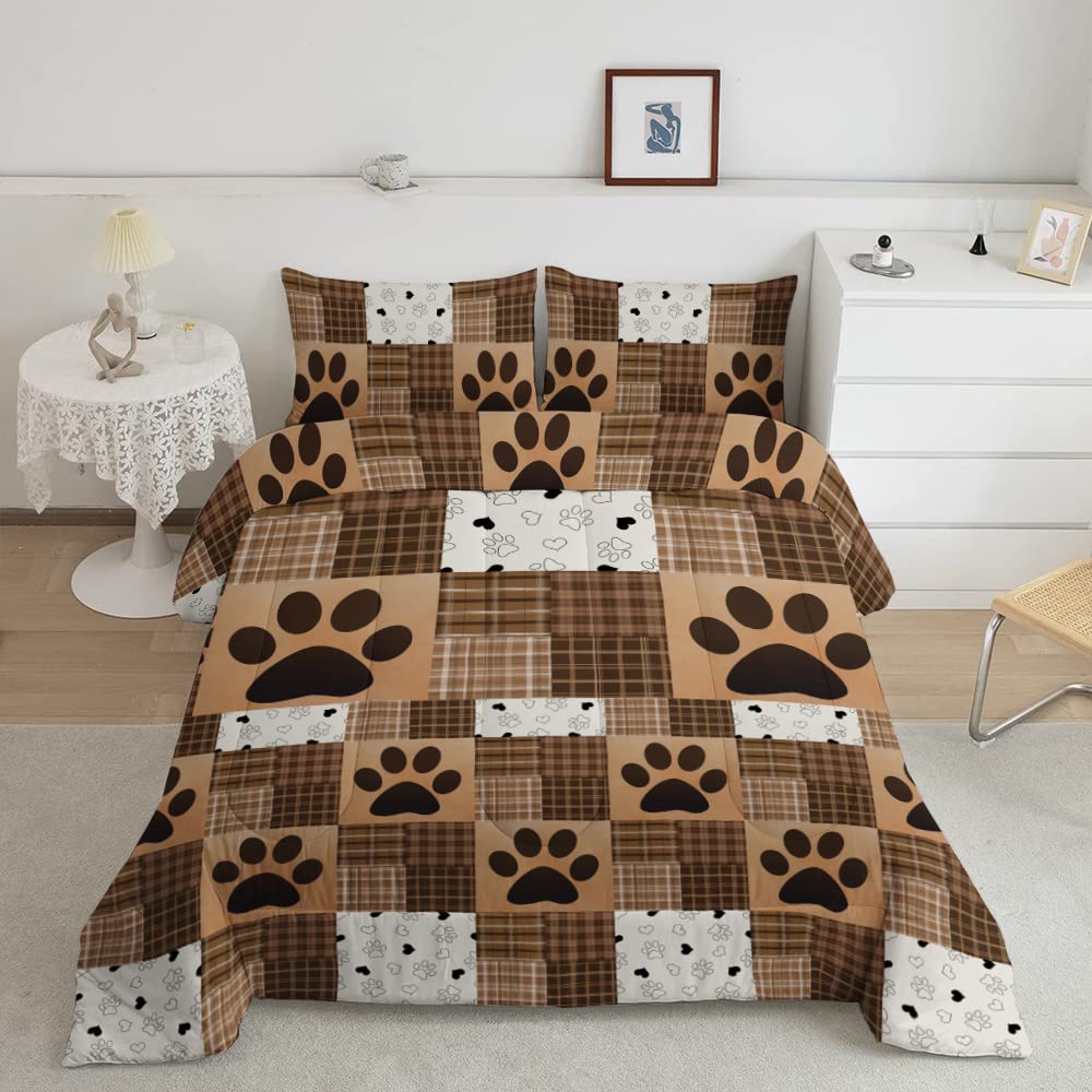 ZBIGTEE Personalized Dog Paw Vintage Caro Comforter Set, Dog Comforter Quilt Sets Full Queen Twin Size - Birthday Quilt Bedding Comforters and Sets Patchwork Wall Hanging Decorate