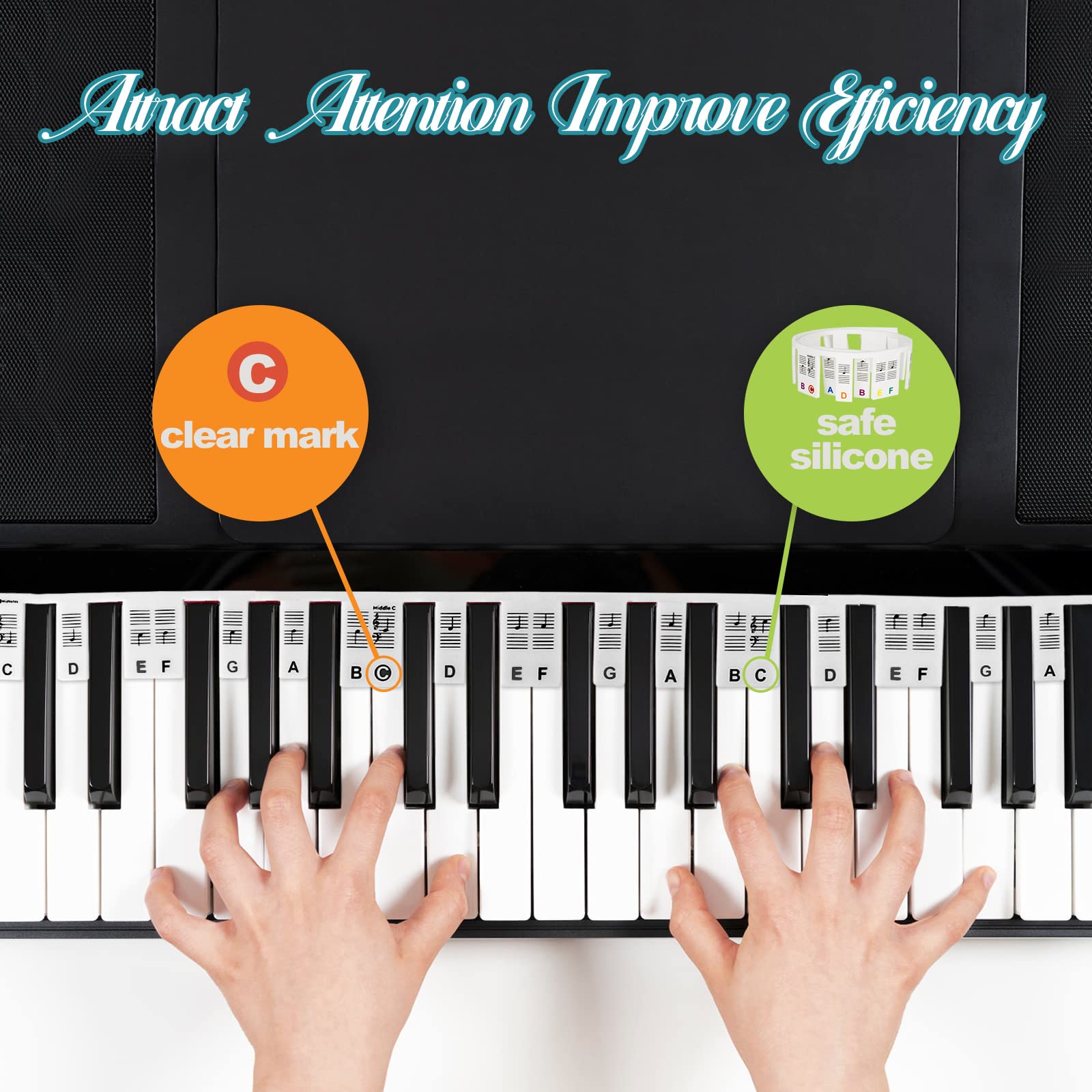 Piano Keyboard Stickers, 88-Key Full Size Removable Piano Keyboard Note Labels Silicone Piano Key Stickers Removable Piano Notes Stickers for Beginners Learning (Black)